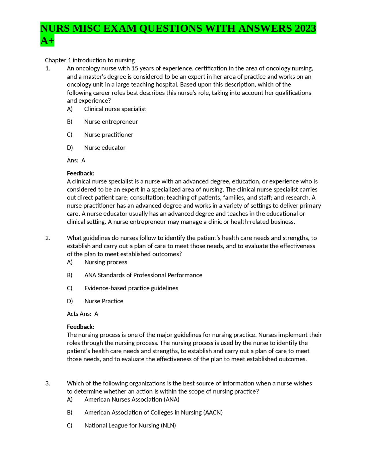 Nurs Misc Exam Questions With Answers 2023 A Exams Nursing Docsity