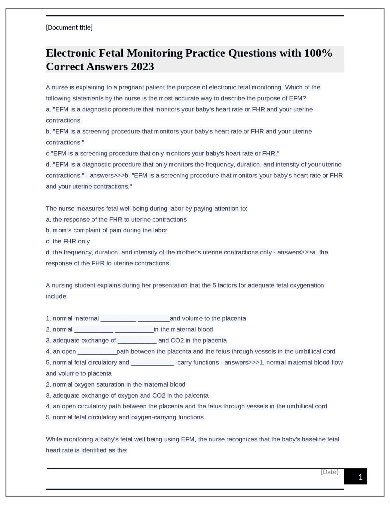 Electronic Fetal Monitoring Practice Questions With 100 Correct