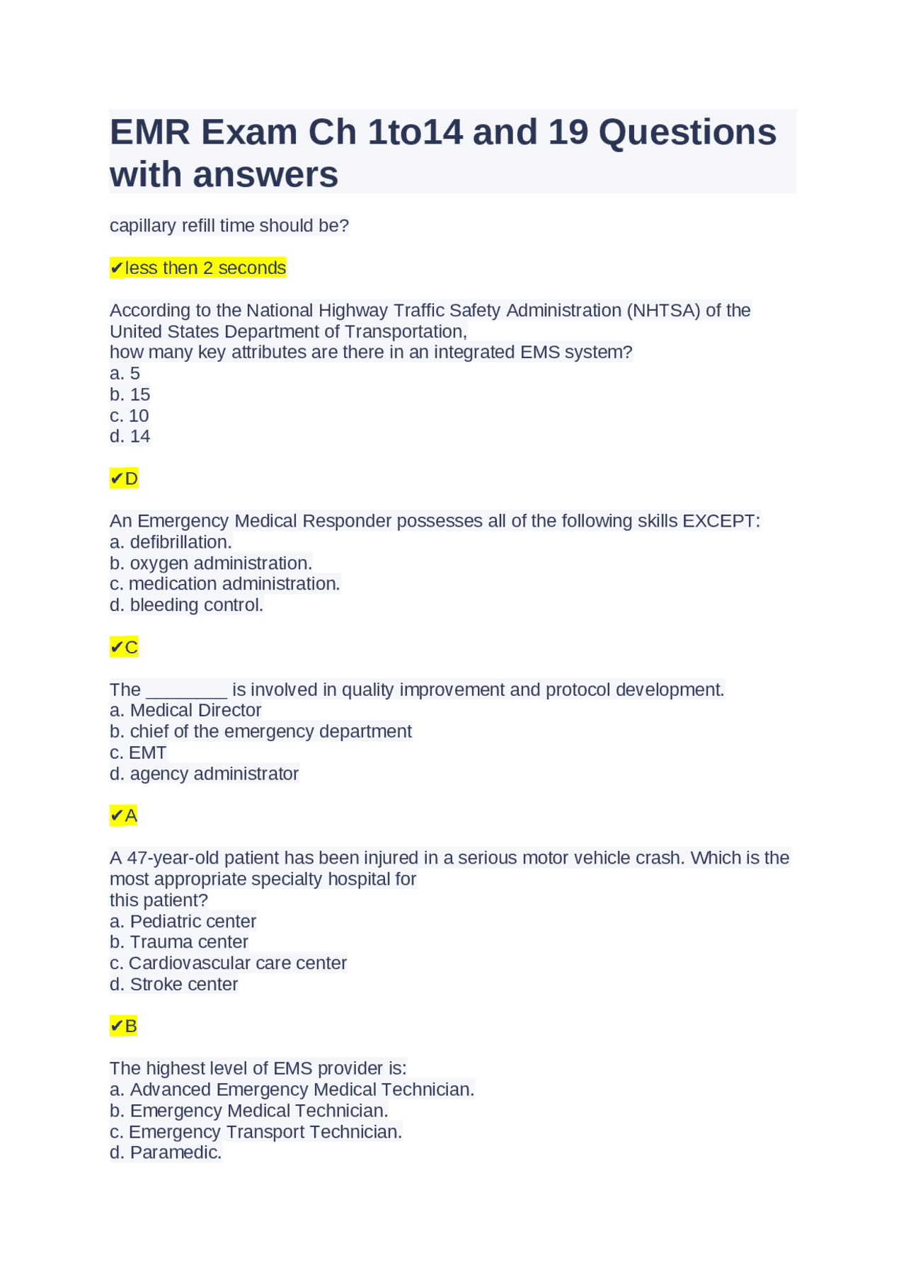 EMR Exam Questions and Answers | Exams Nursing | Docsity