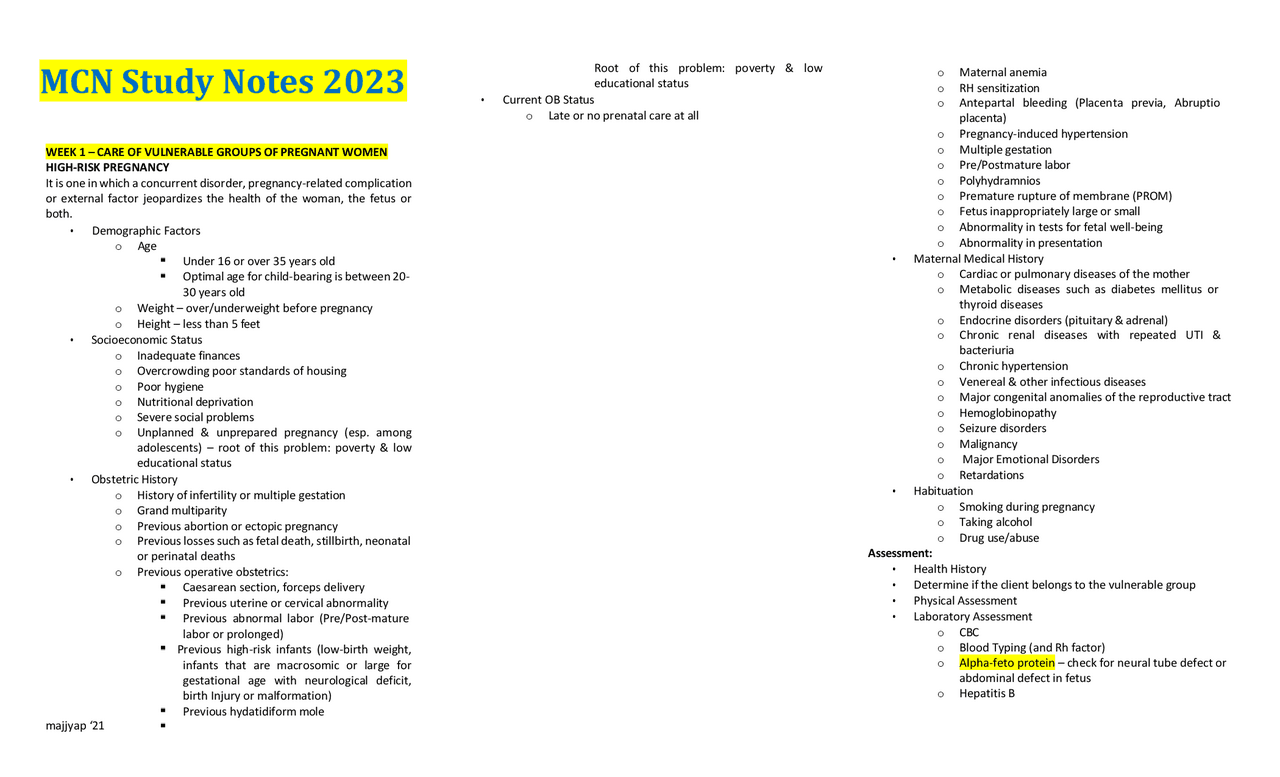 MCN Study Notes 2023 | Study notes Nursing | Docsity
