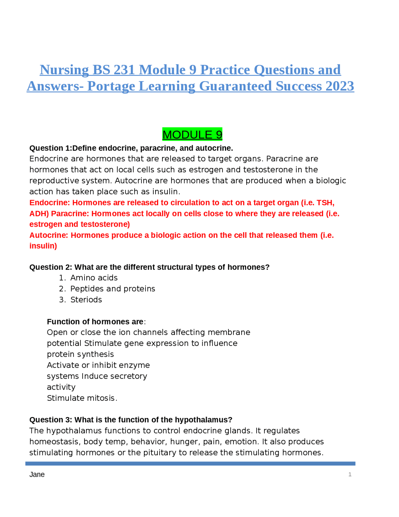 Nursing BS 231 Module 9 Practice Questions and Answers- Portage ...