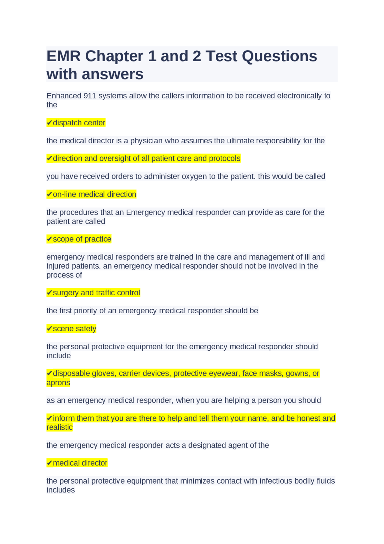 EMR Chapter 1 and 2 Test Questions with Answers | Exams Nursing | Docsity