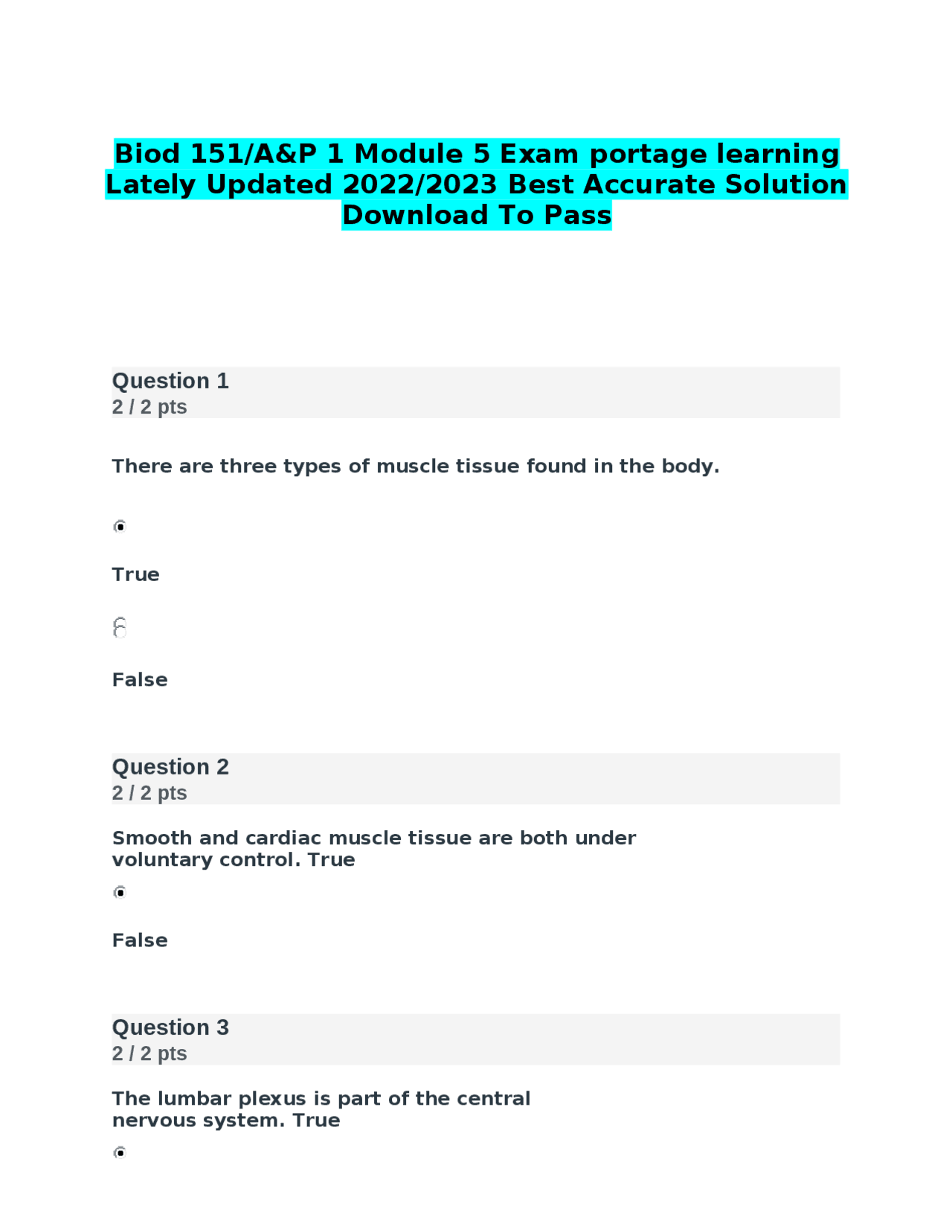 Biod 151/A&P 1 Module 5 Exam portage learning Lately Updated 2022/2023 ...