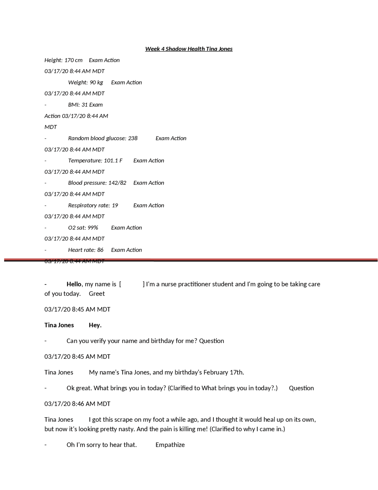 Week4shadowhealthtinajonestranscriptdocxpdf 1docx Exams