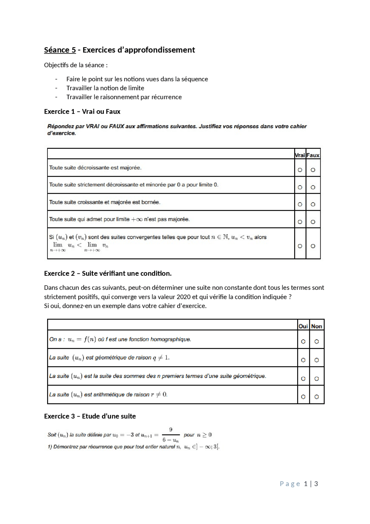 Exercices Suites Et Limites Exercises Mathematics Docsity