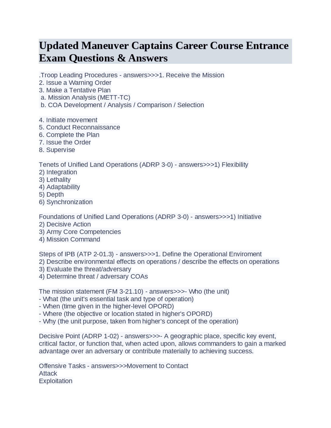 Updated Maneuver Captains Career Course Entrance Exam Questions And Answers Exams Socialization