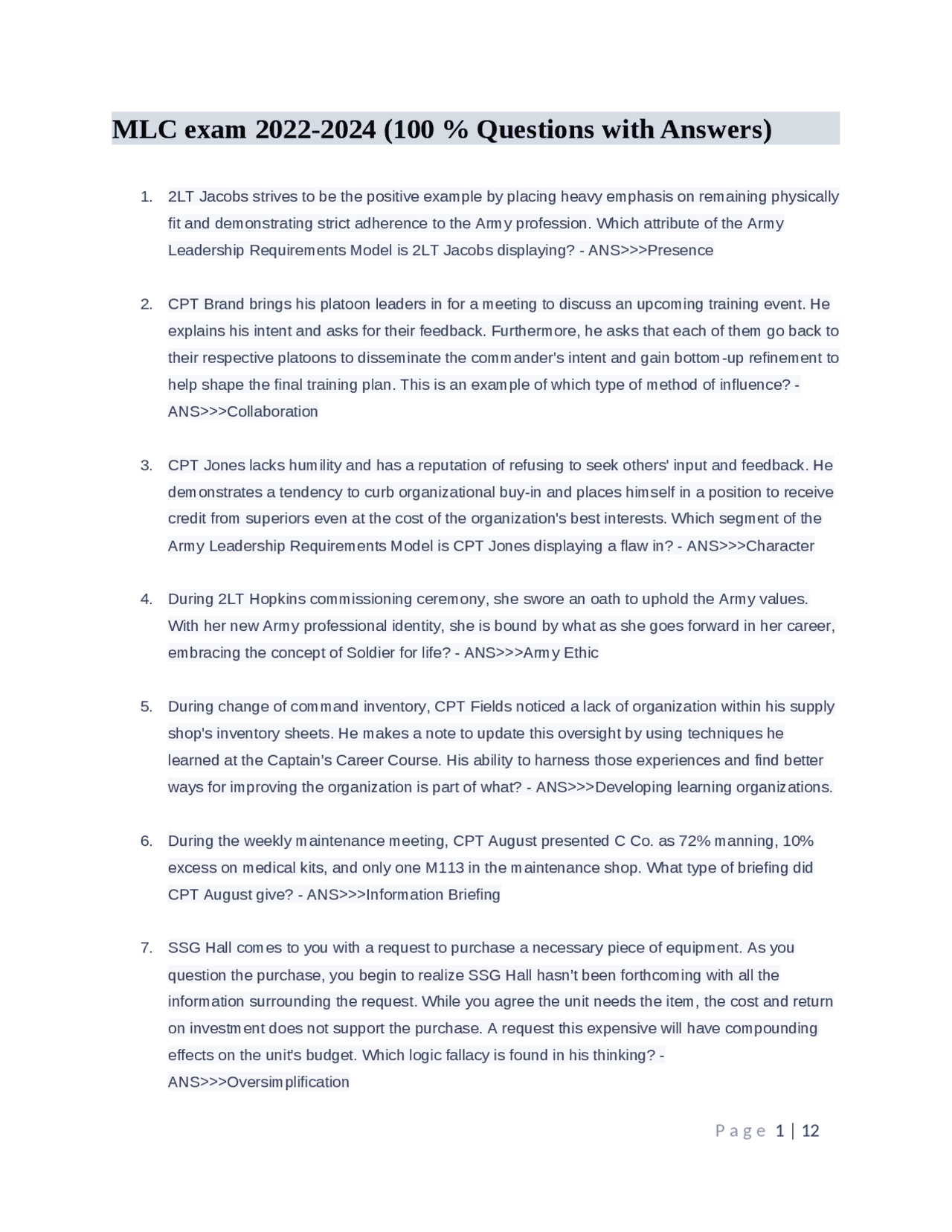 MLC exam 2022-2024 (100 % Questions with Answers) | Exams Sociology | Docsity