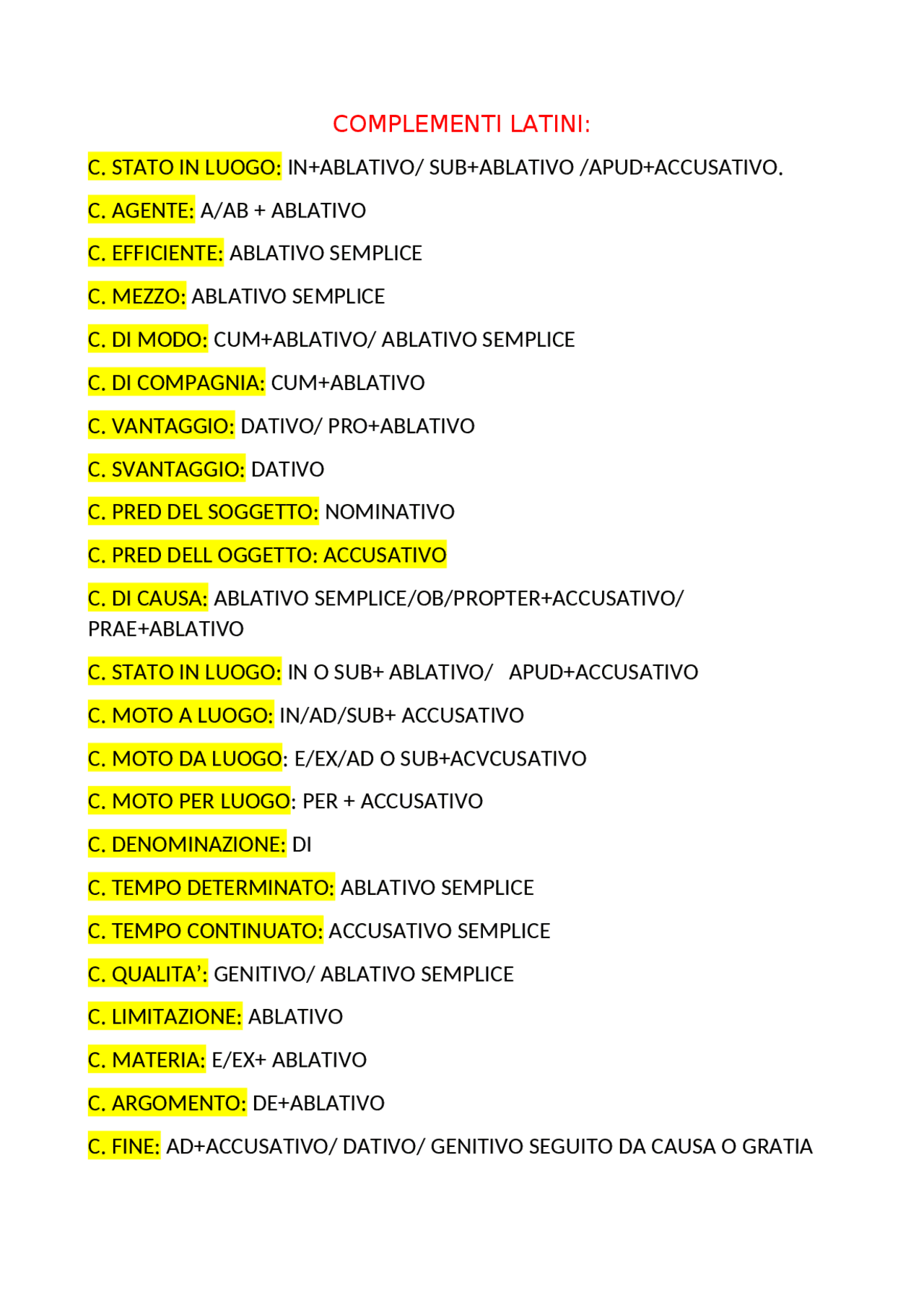 COMPLEMENTI LATINI TABELLA | Schemi e mappe concettuali di Latino | Docsity