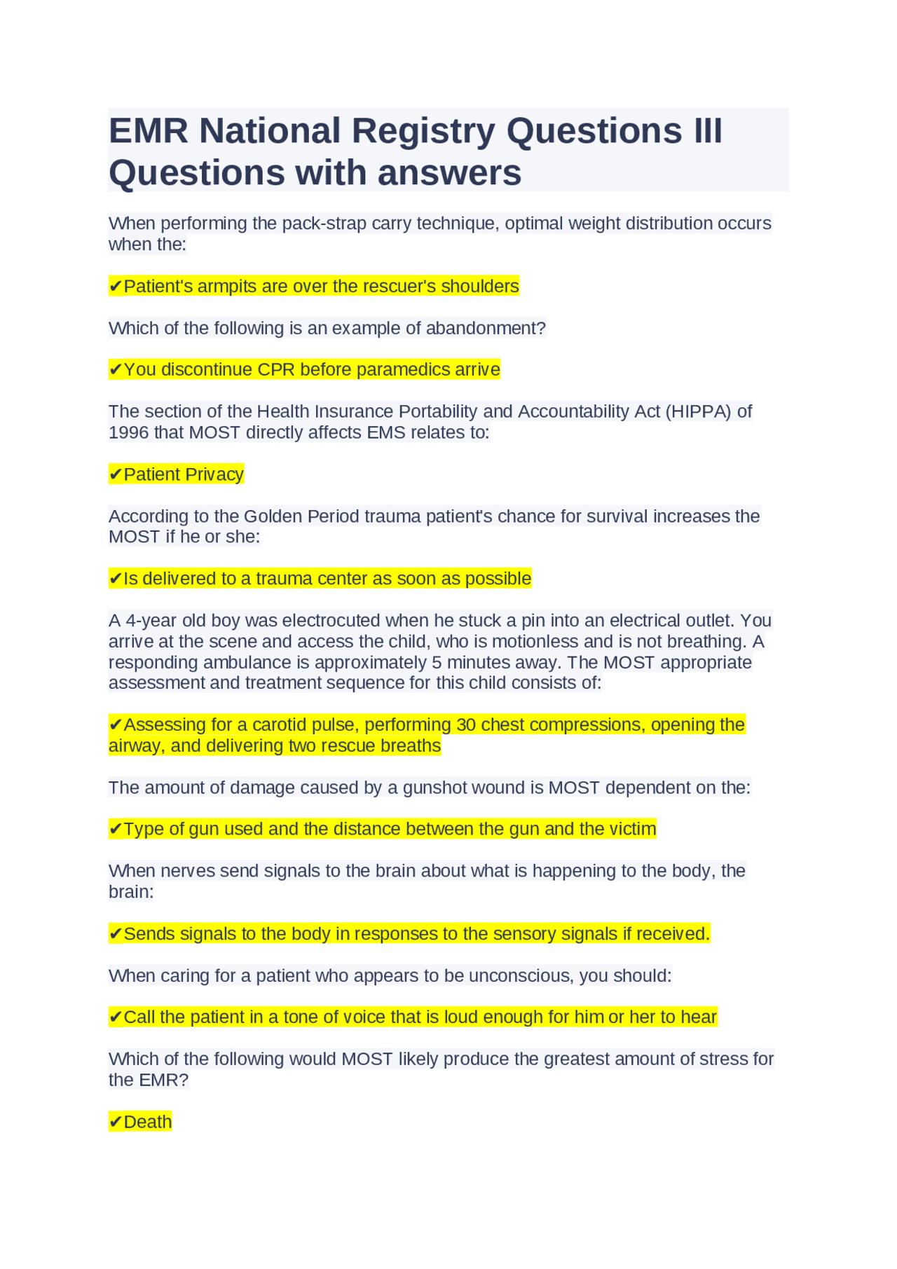 EMR National Registry Questions III | Exams Nursing | Docsity