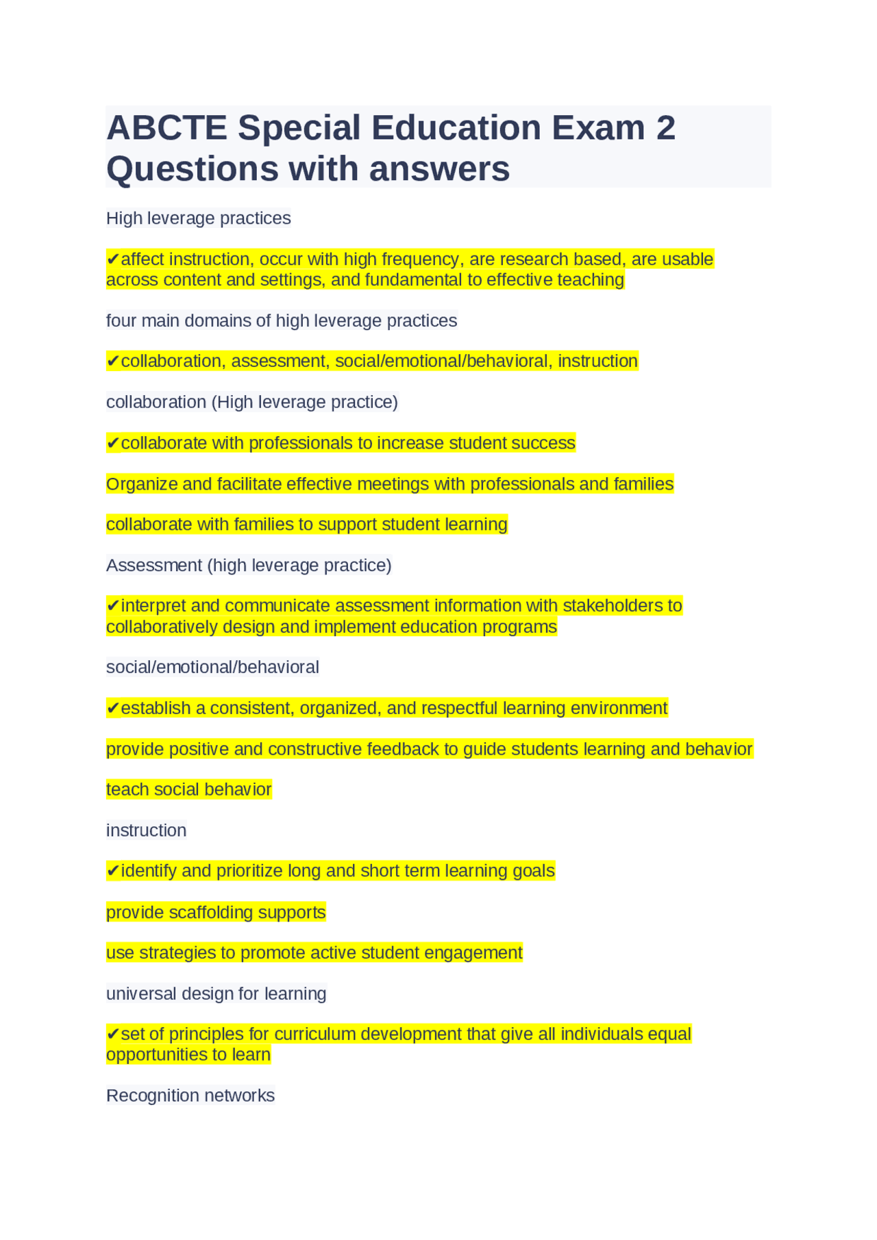 Abcte Special Education Exam 2 Questions With Answers Exams Advanced