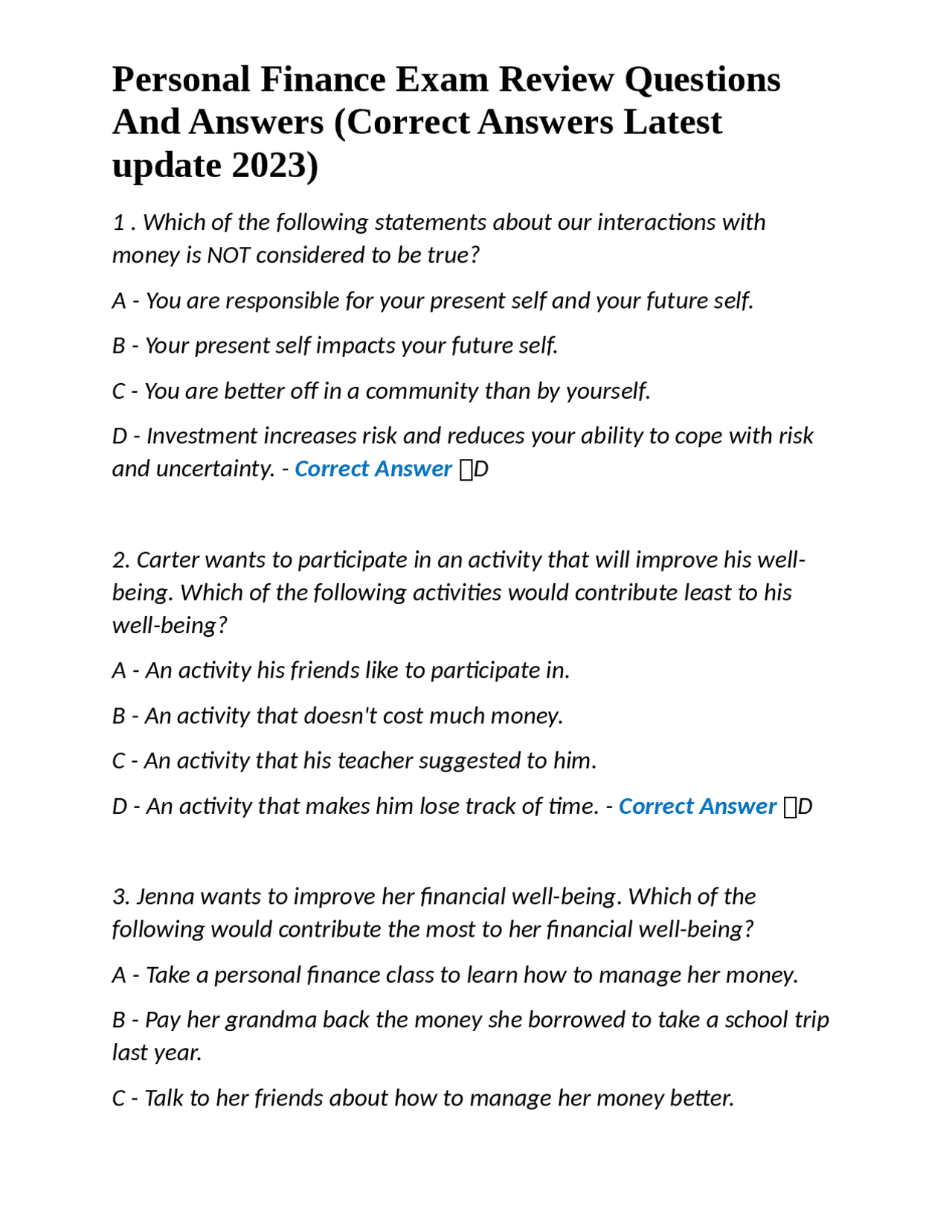 Personal Finance Exam Review Questions And Answers (Correct Answers ...