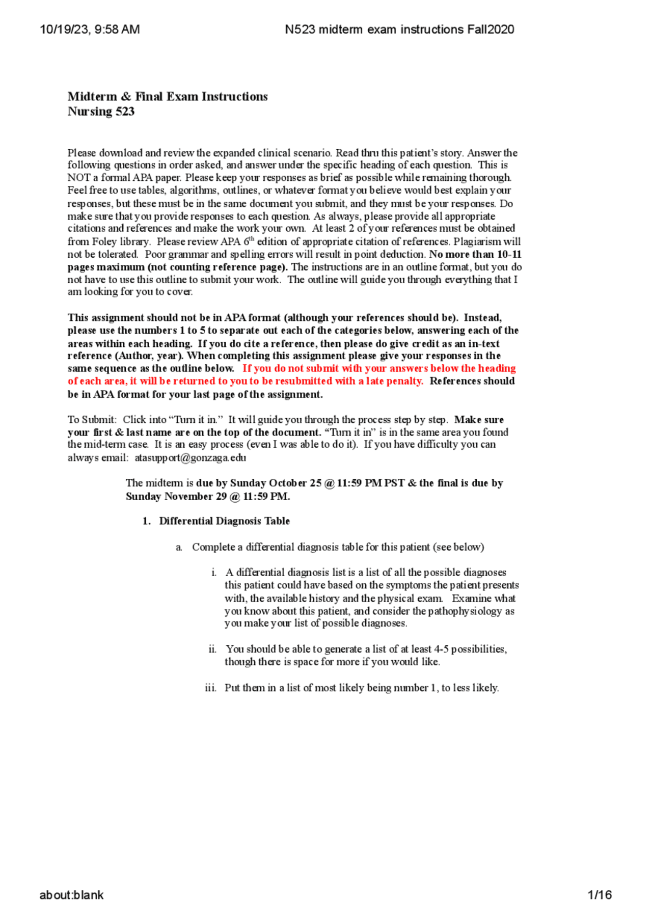 Midterm & Final Exam Instructions Nursing 523 | Exams Nursing | Docsity