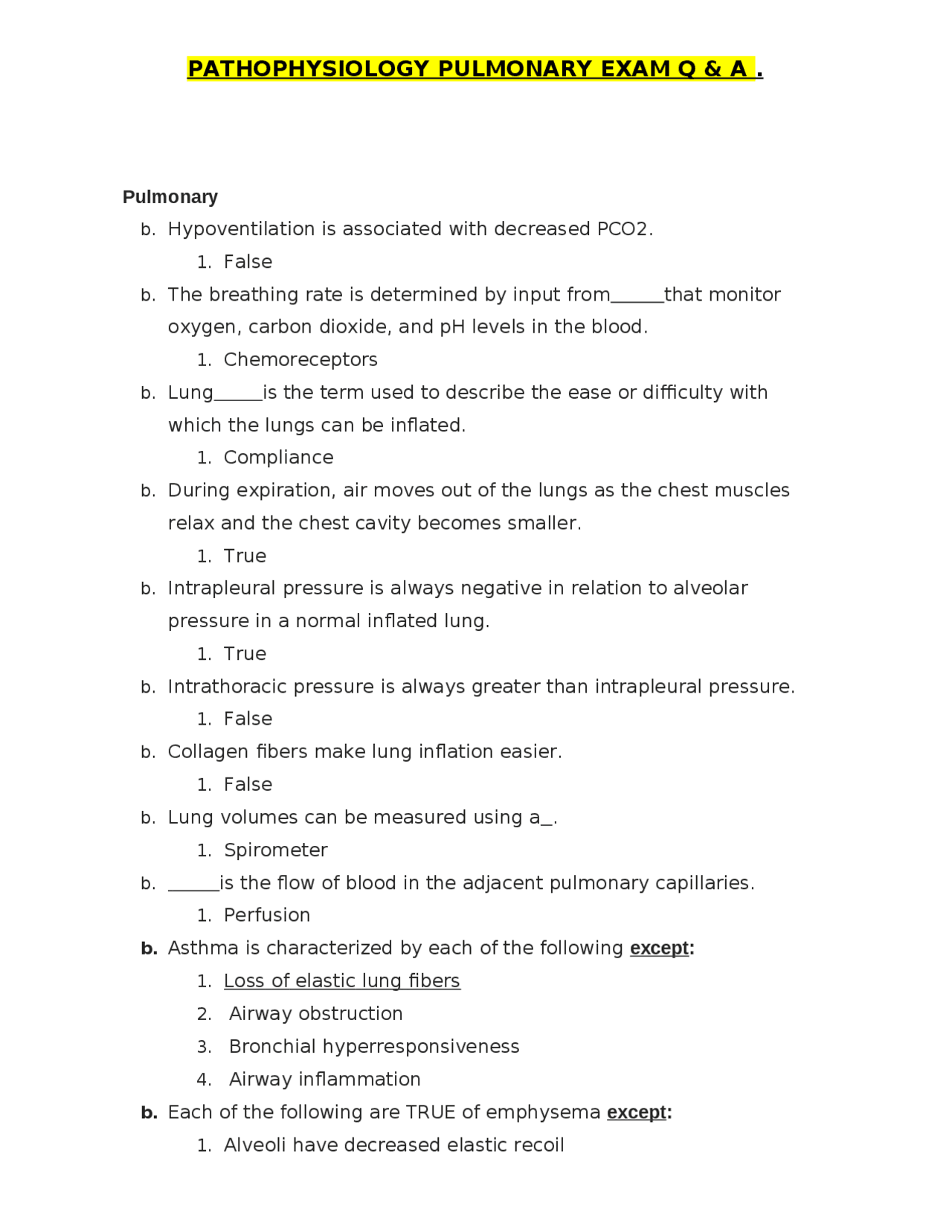 Pathophysiology Pulmonary Exam Q And A Exams Nursing Docsity