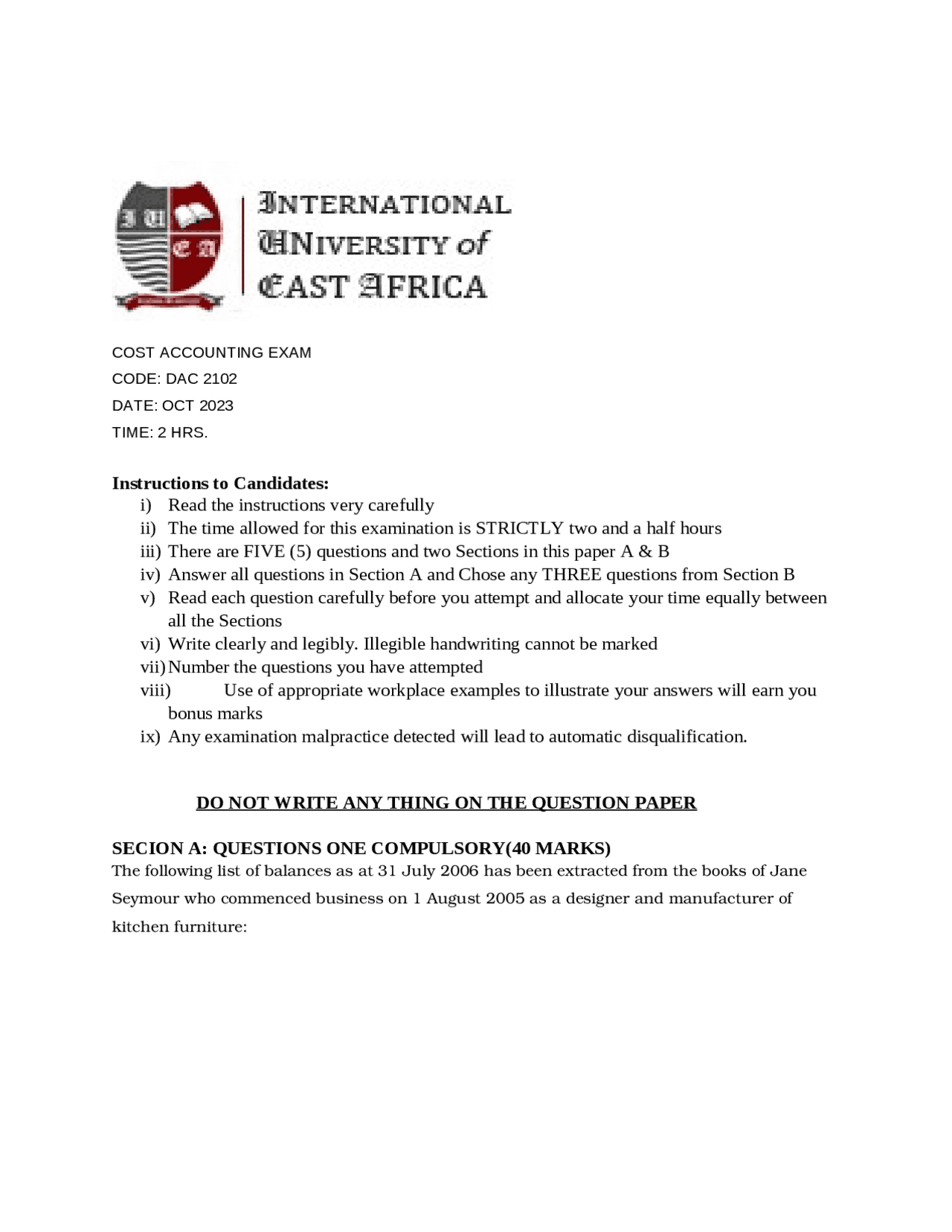 Cost Accounting Test Exams Cost Accounting Docsity