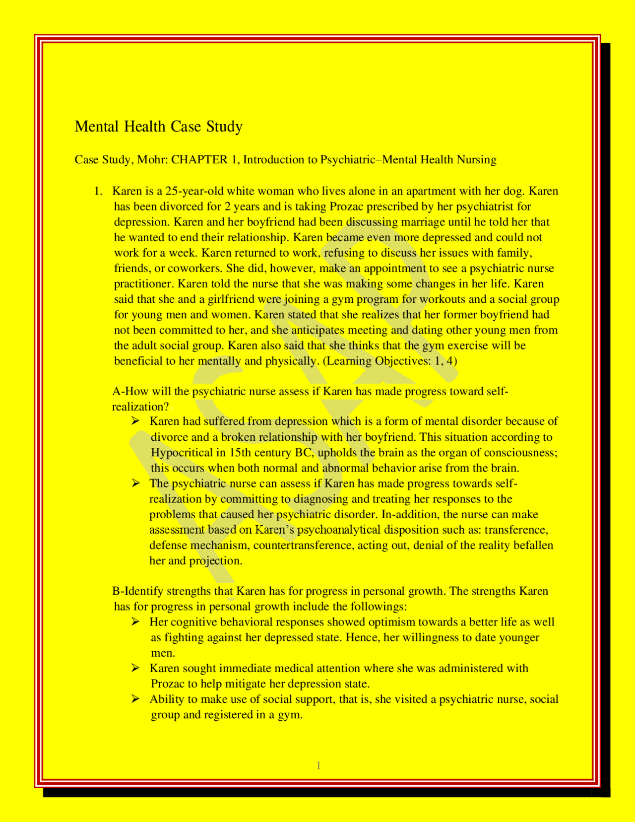 Mental Health Case Study: Karen and Michael | Exams Nursing | Docsity