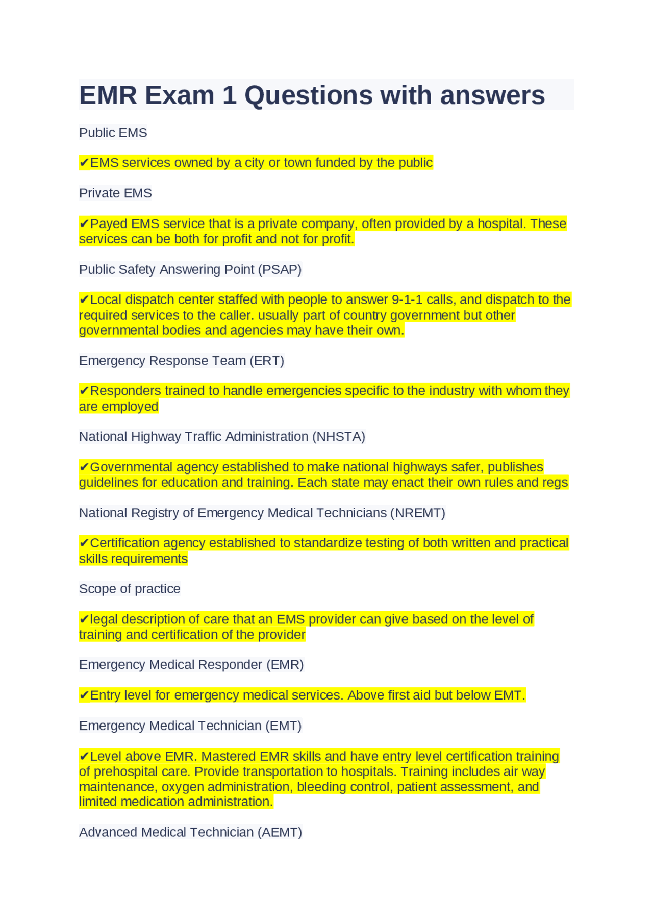 EMR Exam 1 Questions and Answers | Exams Nursing | Docsity