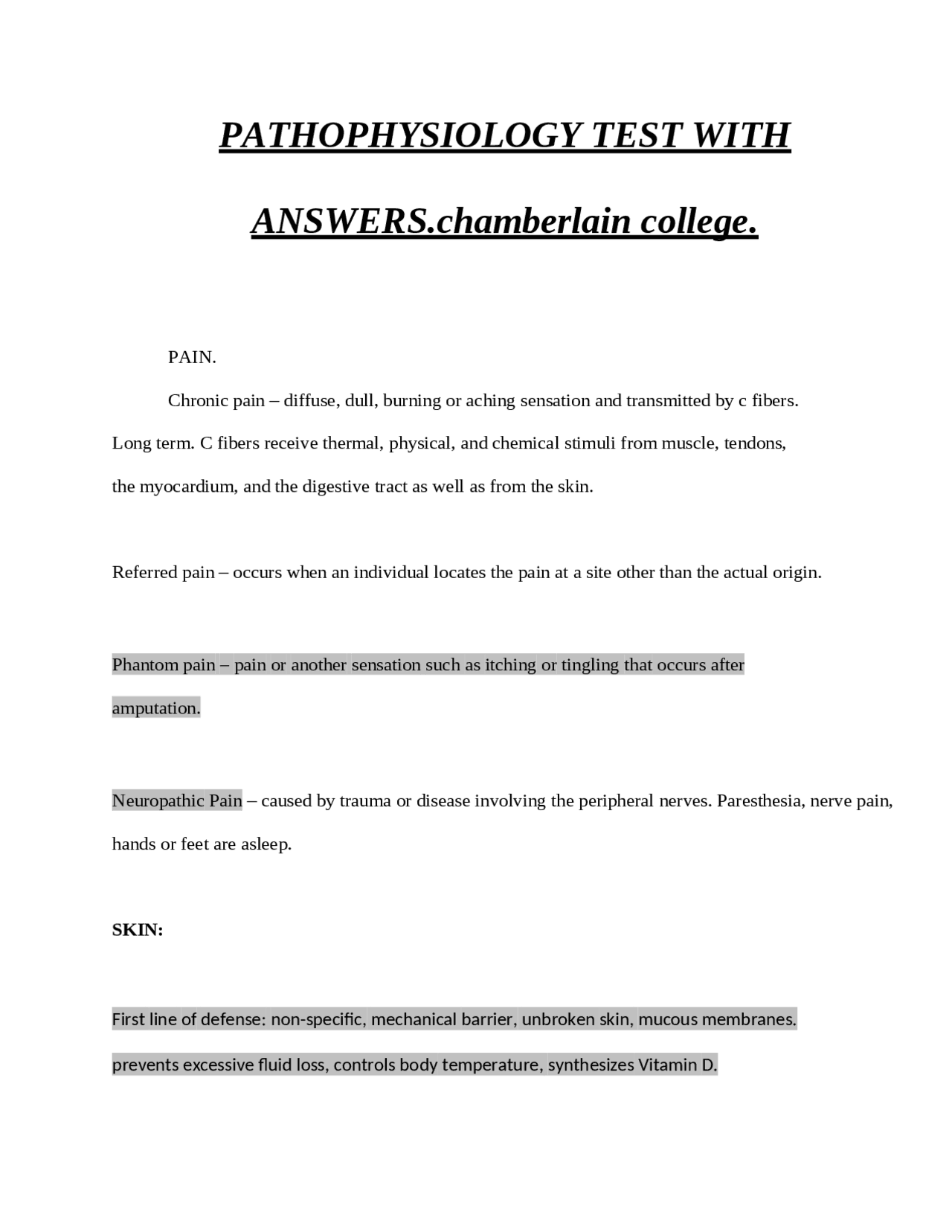 PATHOPHYSIOLOGY TEST WITH ANSWERS.chamberlain college. | Exams Nursing ...