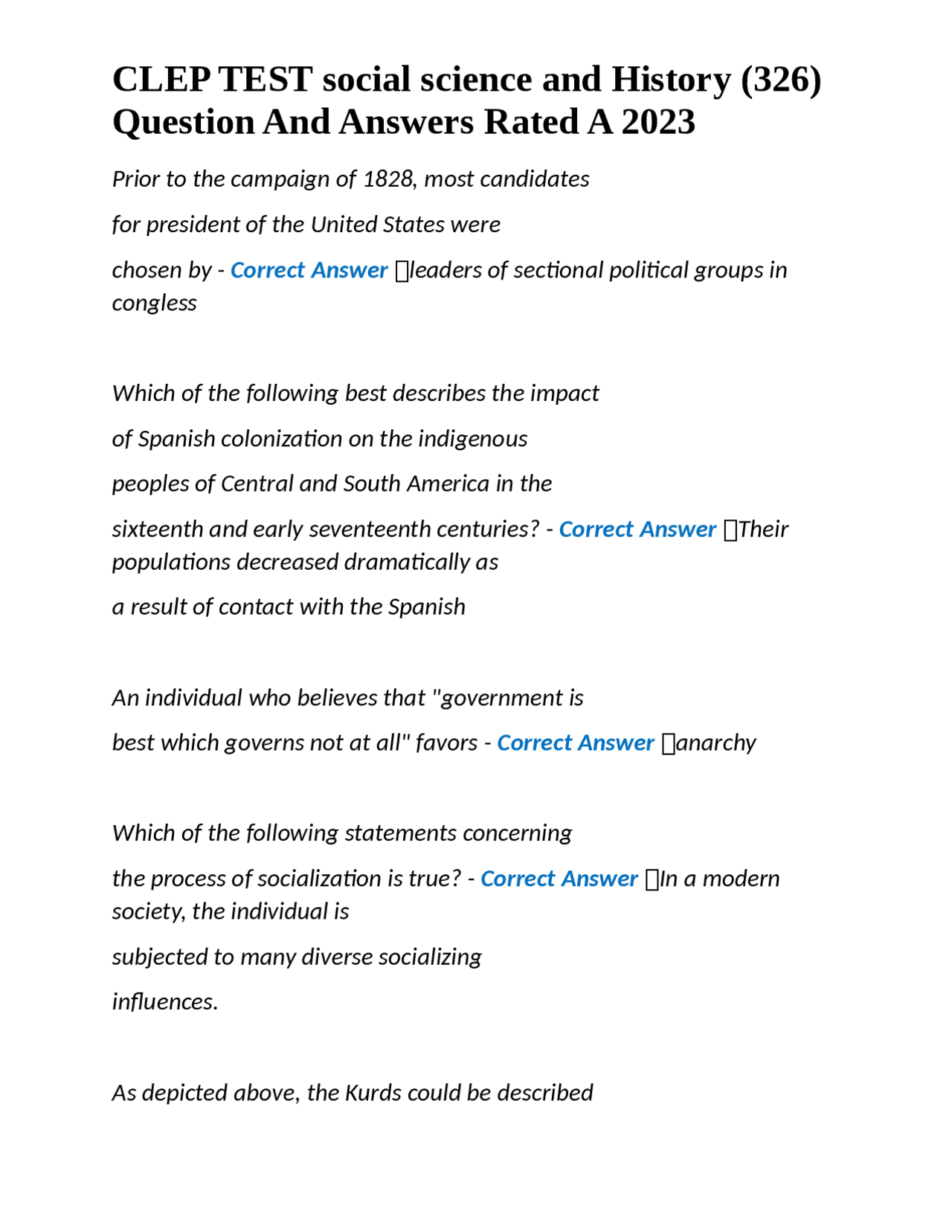 CLEP TEST social science and History (326) Question And Answers Rated A ...