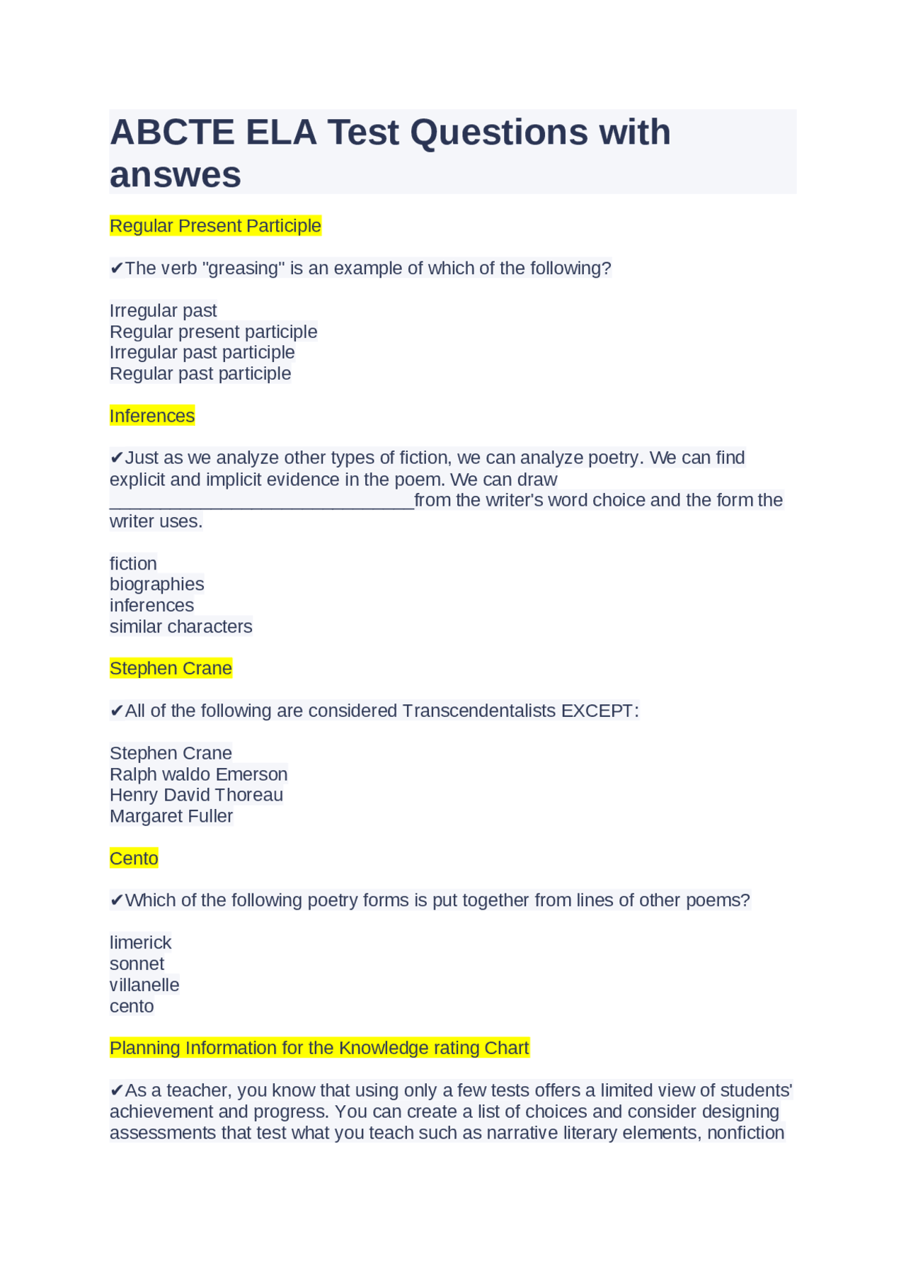 ABCTE ELA Test Questions with answers | Exams Advanced Education | Docsity