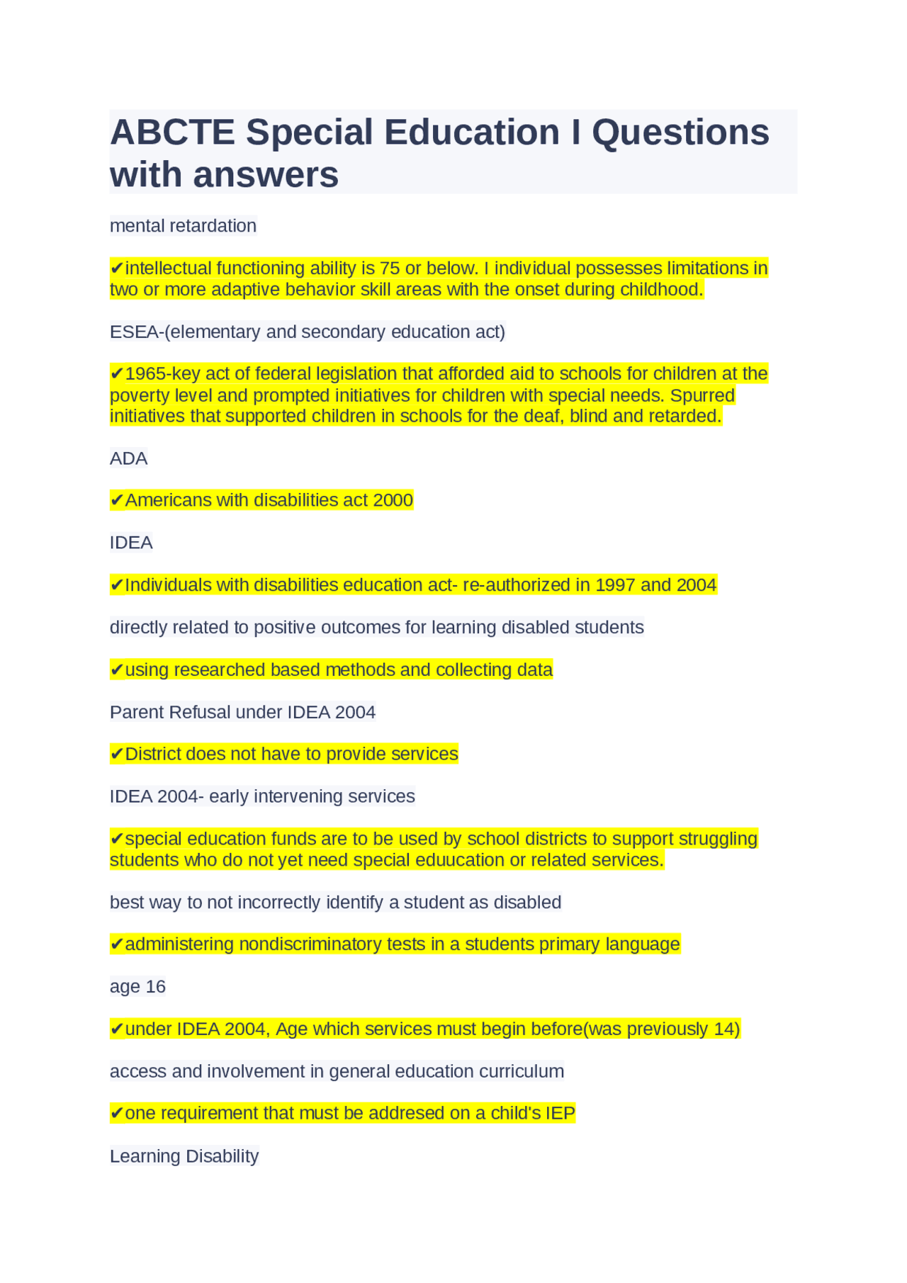 ABCTE Special Education I Questions with answers | Exams Advanced ...