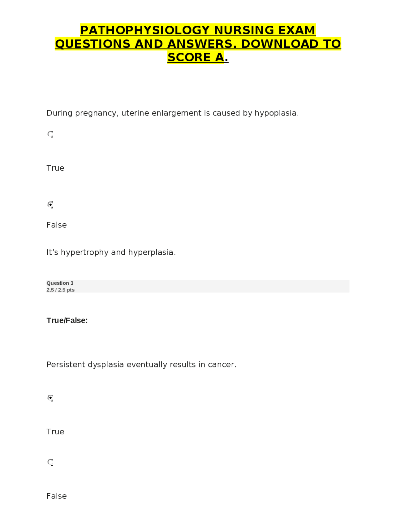 PATHOPHYSIOLOGY NURSING EXAM QUESTIONS AND ANSWERS. DOWNLOAD TO SCORE A ...