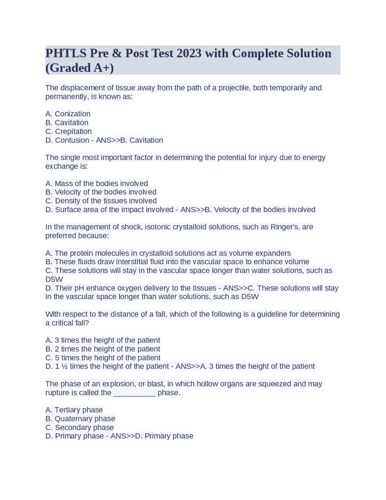 PHTLS Pre & Post Test 2023 with Complete Solution (Graded A+) | Exams ...