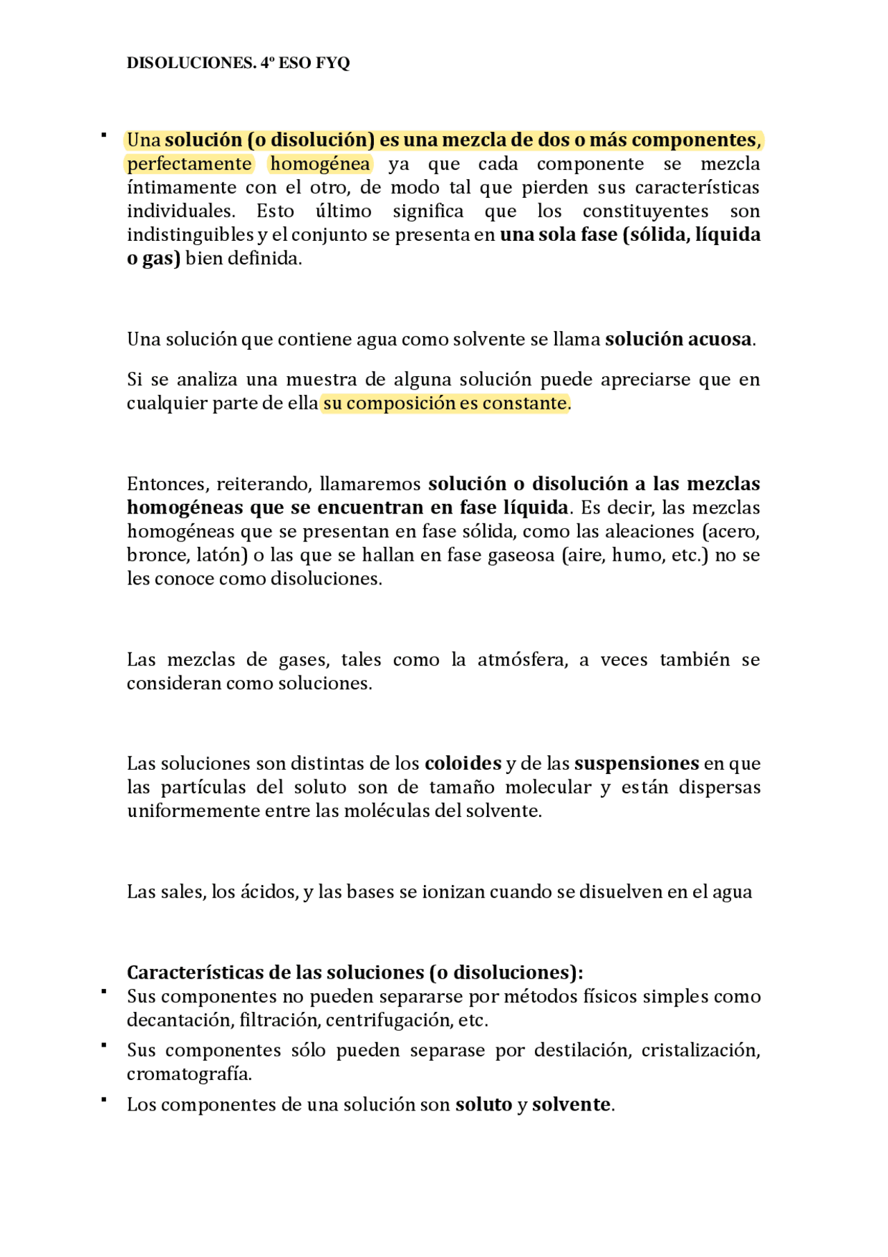 Disoluciones Tema De Química Nivel 4 O 1bach Apuntes De Química