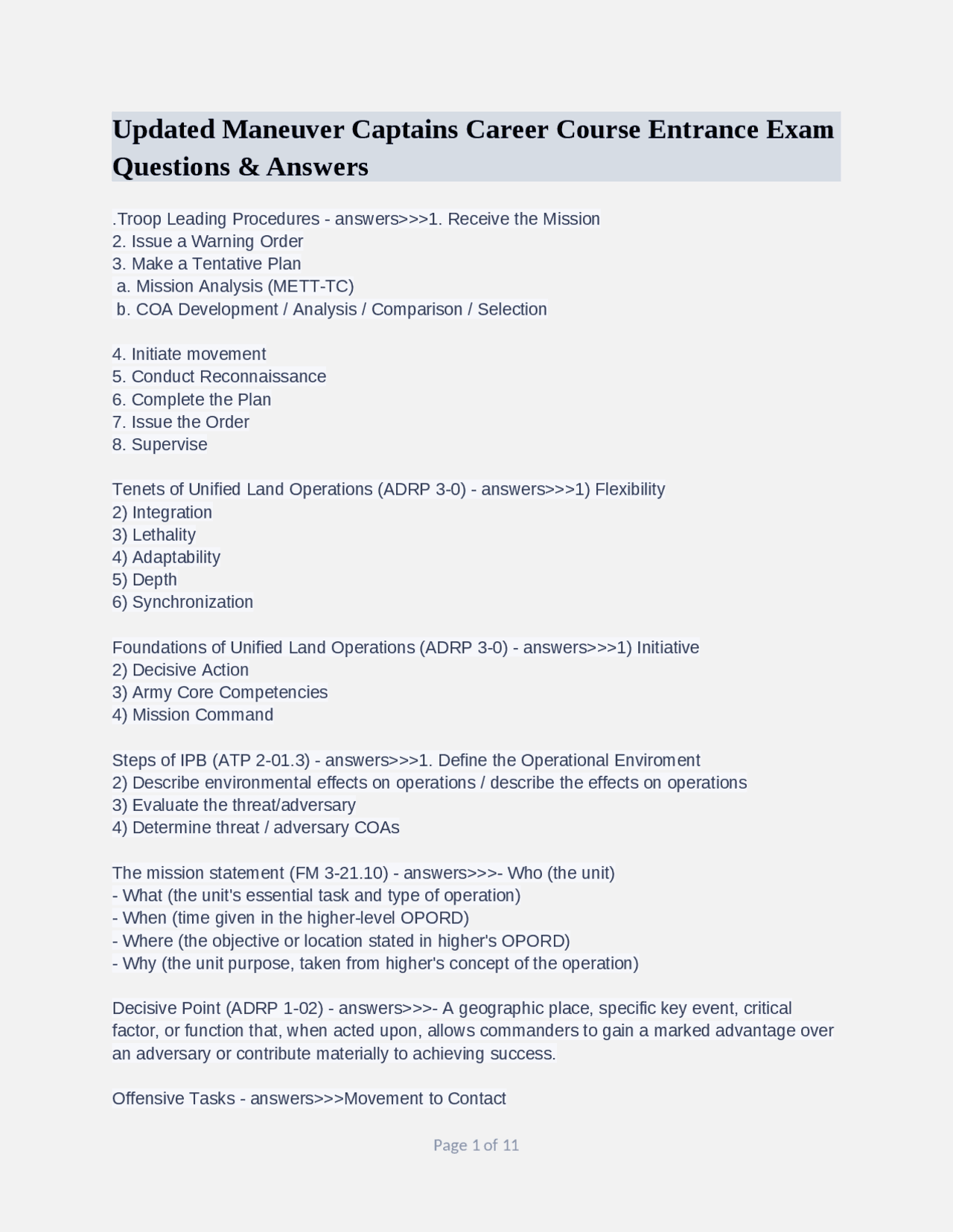 Updated Maneuver Captains Career Course Entrance Exam Questions ...