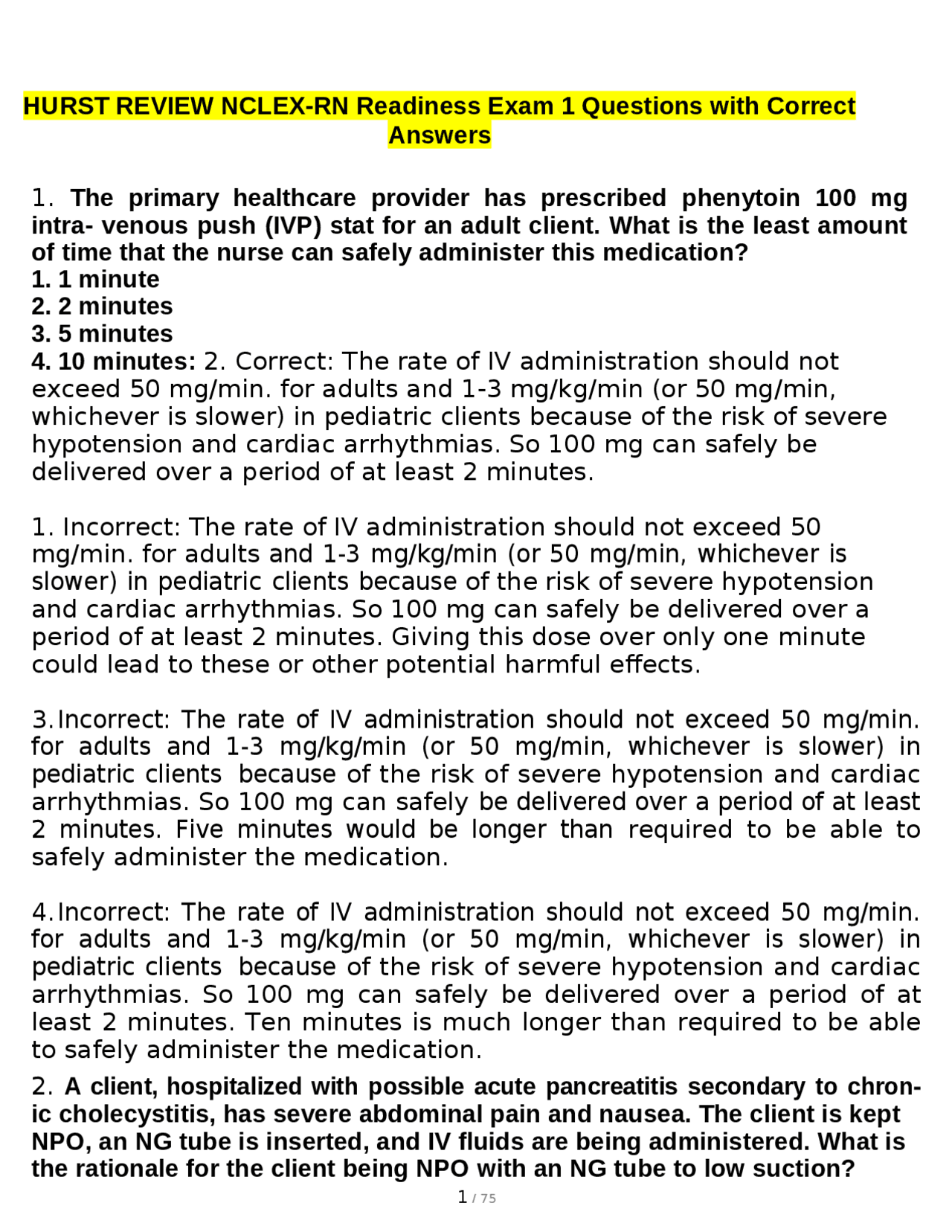Hurst Review Nclex Rn Readiness Exam 1 Questions With Correct Answers