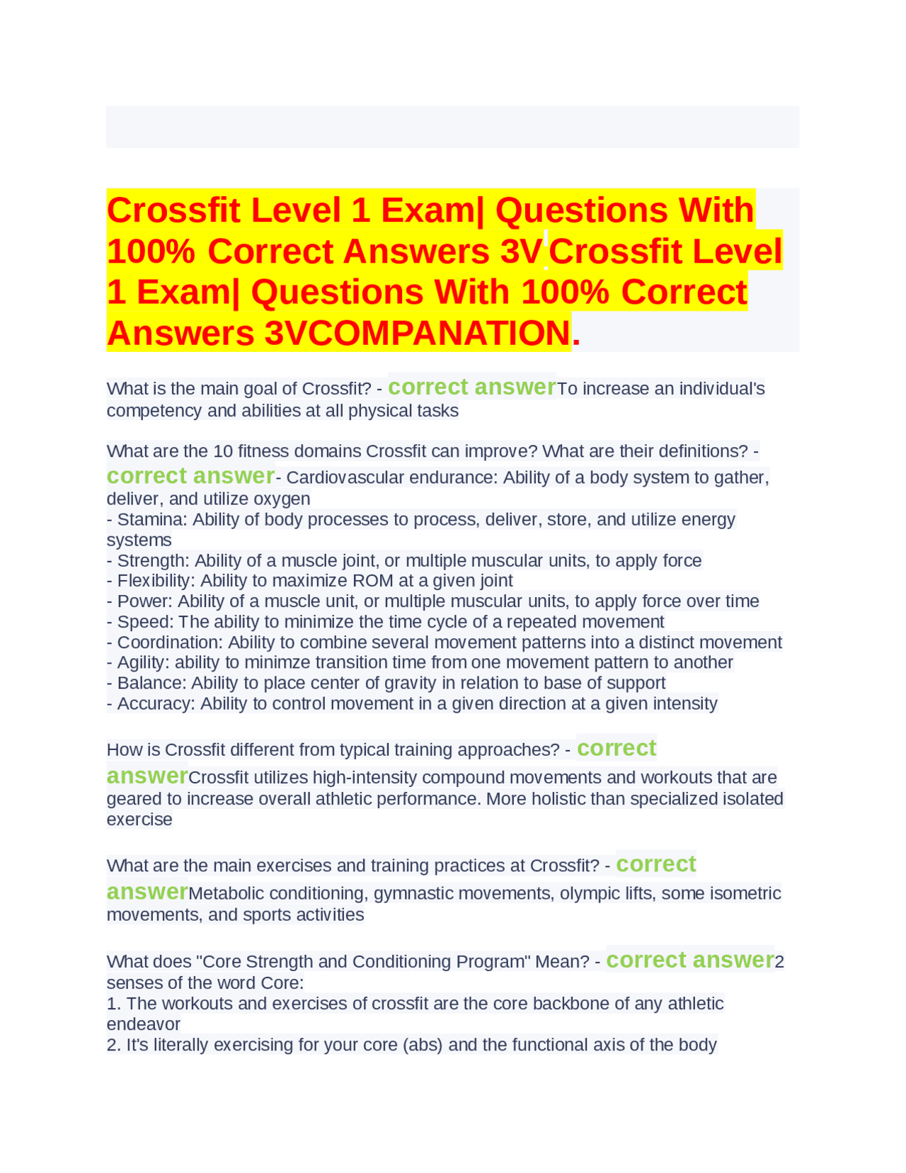Crossfit Level 1 Exam| Questions With 100% Correct Answers 3V Crossfit ...