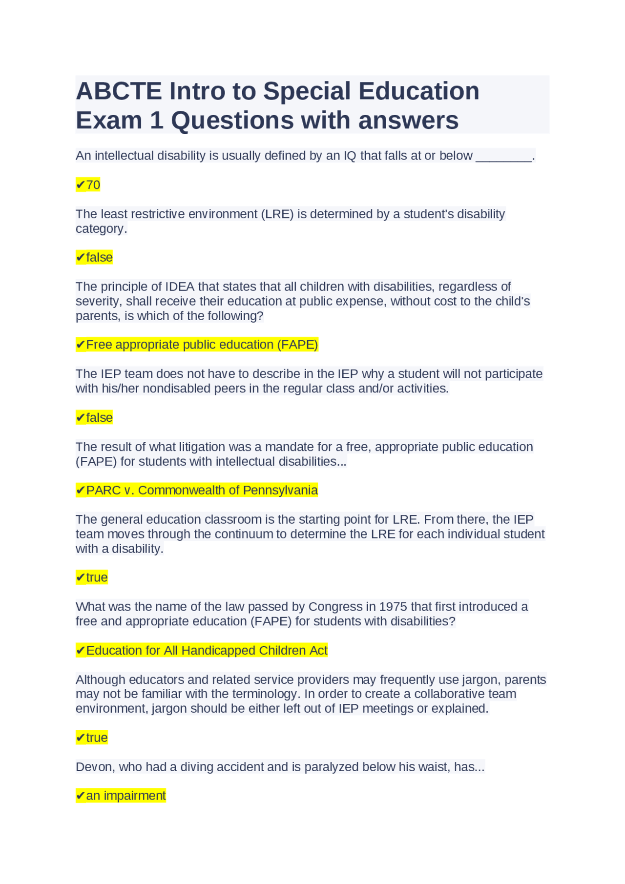Abcte Intro To Special Education Exam 1 Questions With Answers Exams