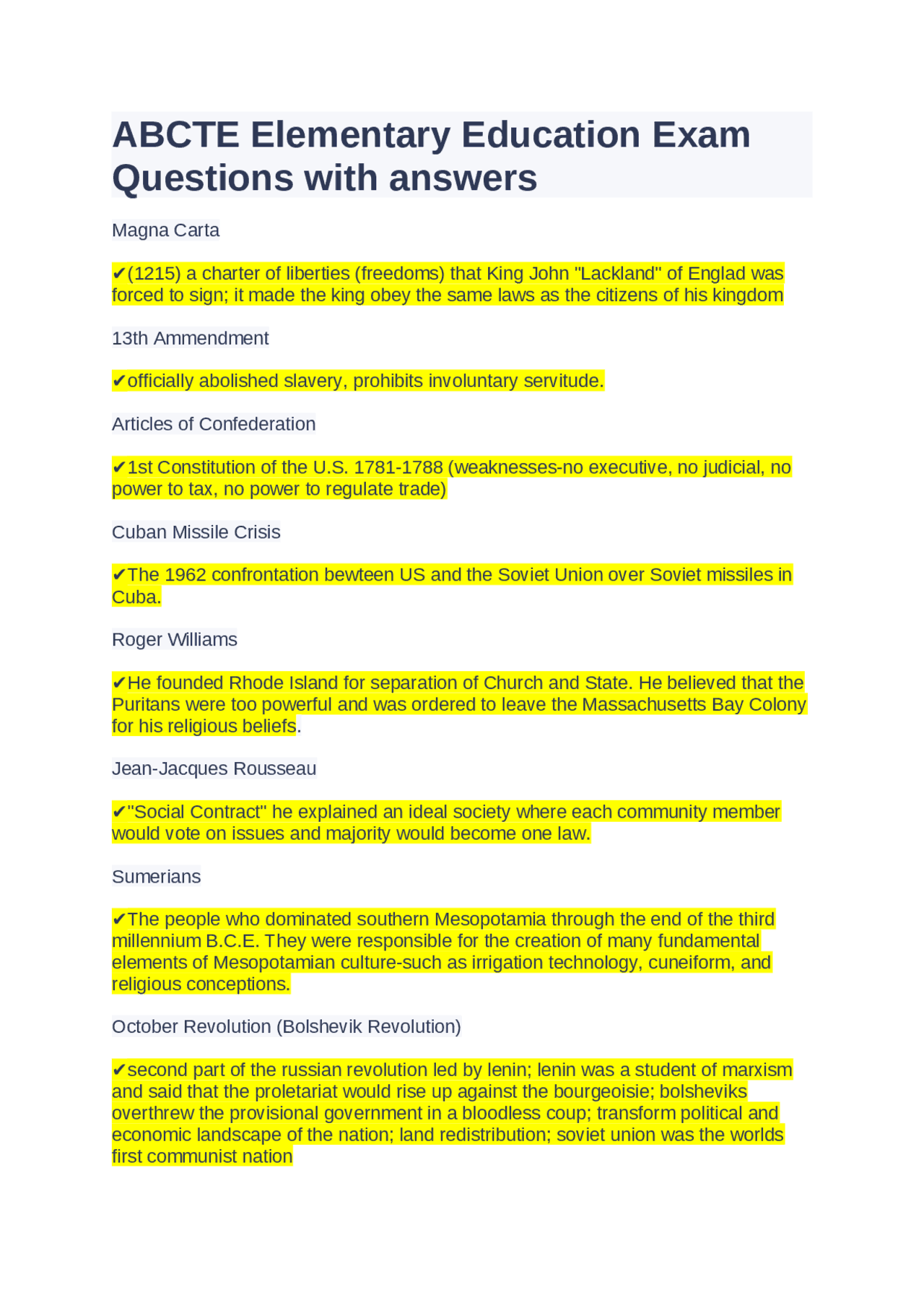 Abcte Elementary Education Exam Questions With Answers Exams Advanced