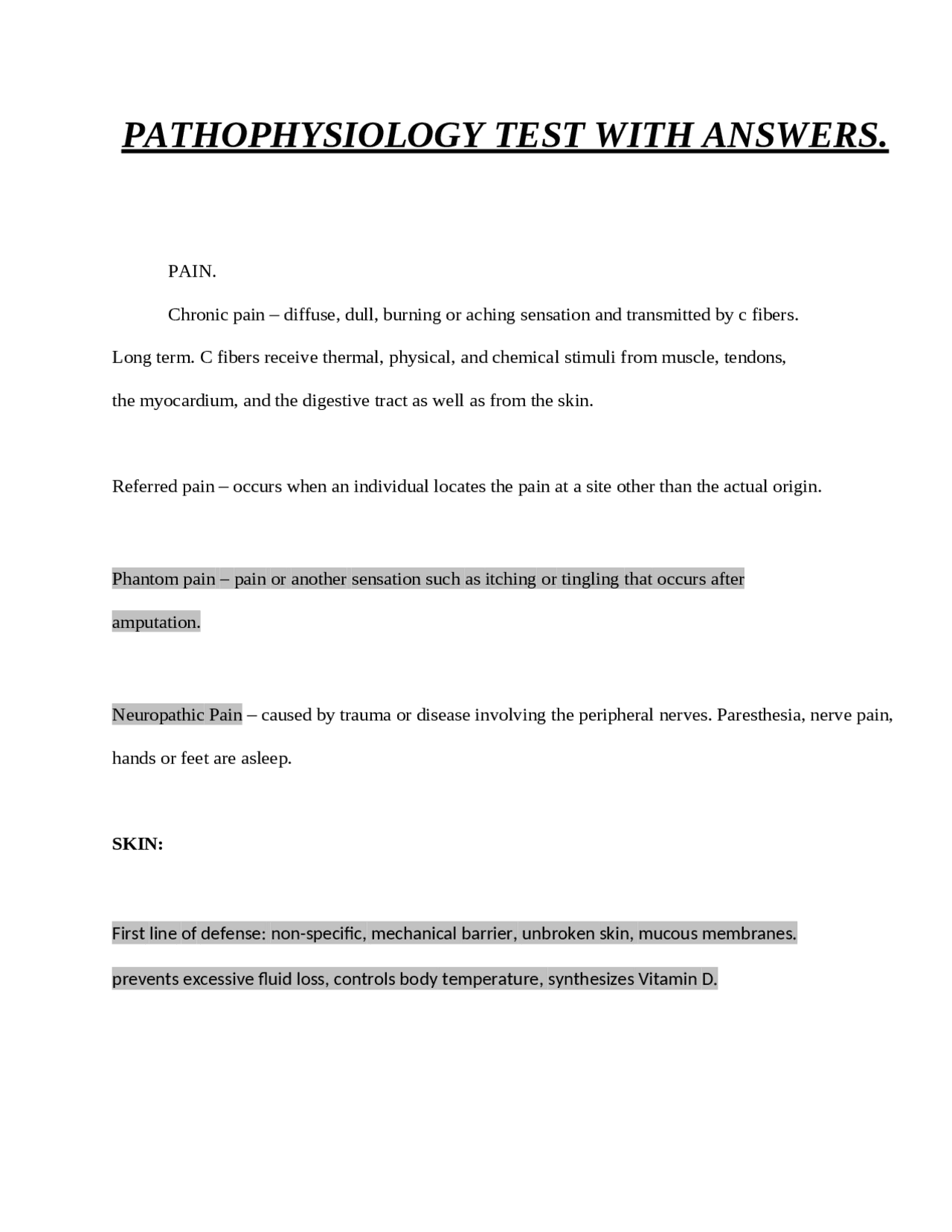 PATHOPHYSIOLOGY TEST WITH ANSWERS. | Exams Nursing | Docsity