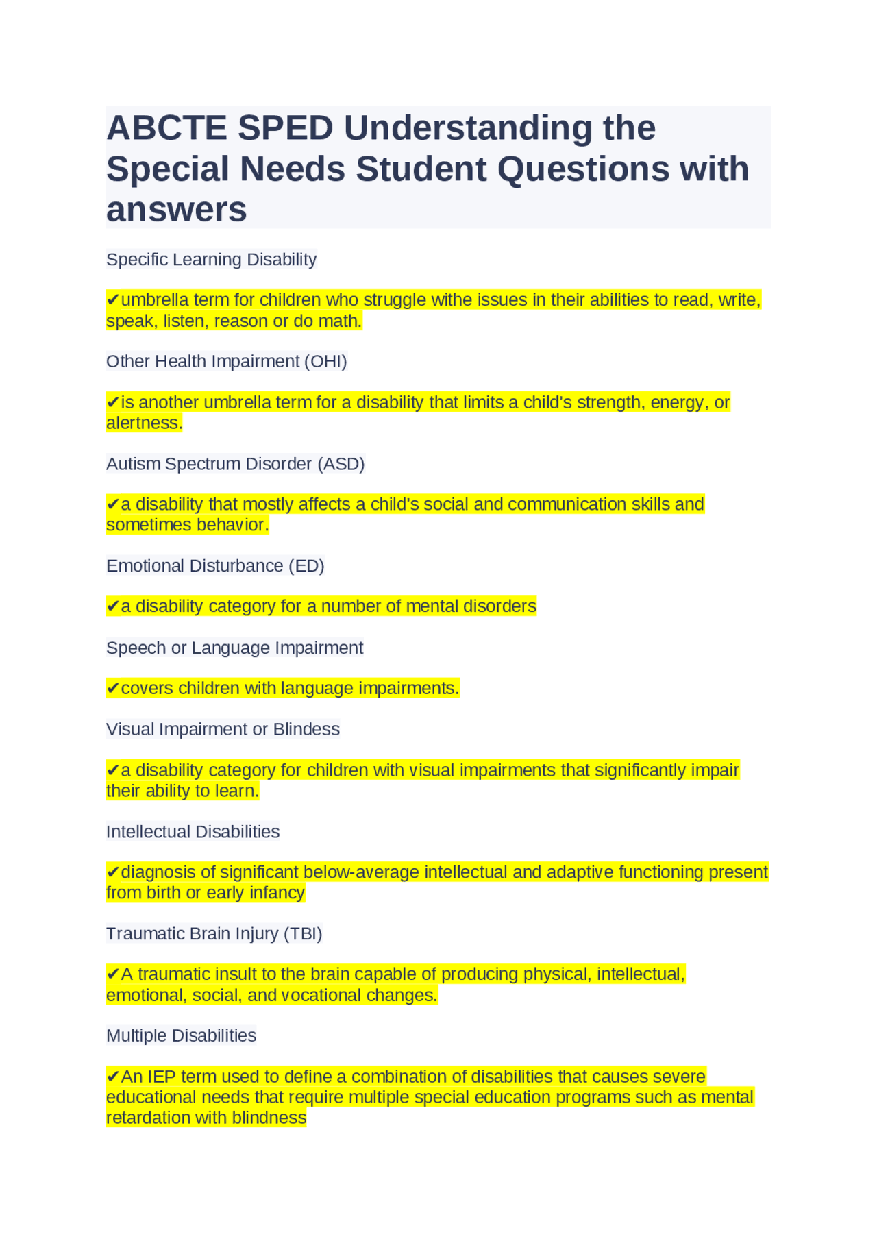 ABCTE SPED Understanding the Special Needs Student Questions with ...