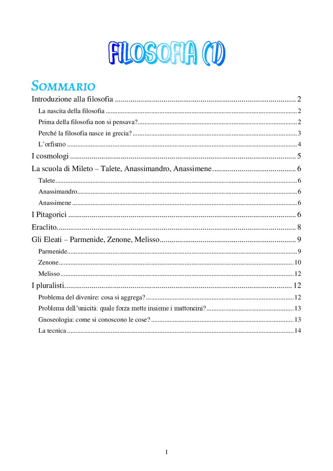 Appunti di Filosofia sui filosofi presocratici | Appunti di Filosofia | Docsity