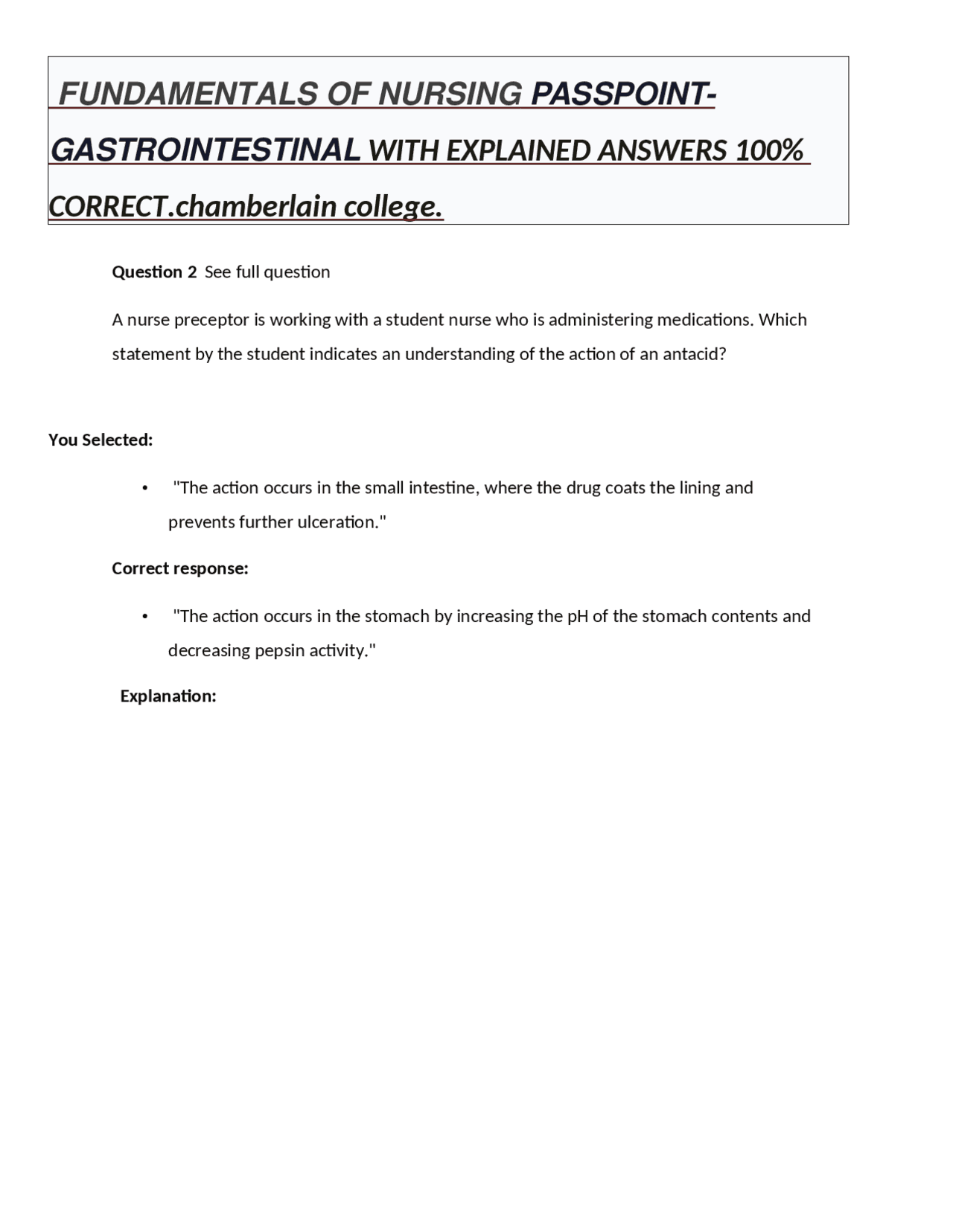 FUNDAMENTALS OF NURSING PASSPOINT-GASTROINTESTINAL WITH EXPLAINED ...