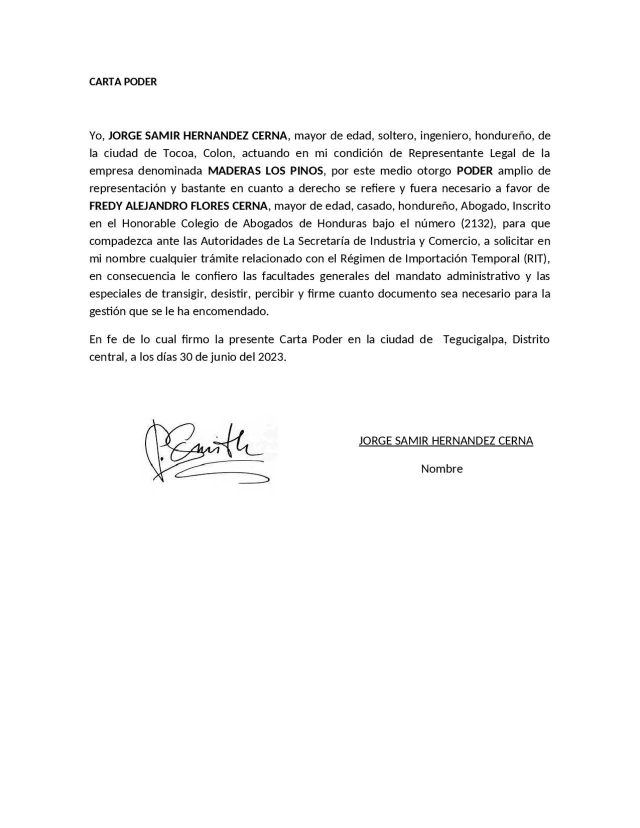 Carta de Poder para la clase de civil, penal, mercantil, administrativo ...