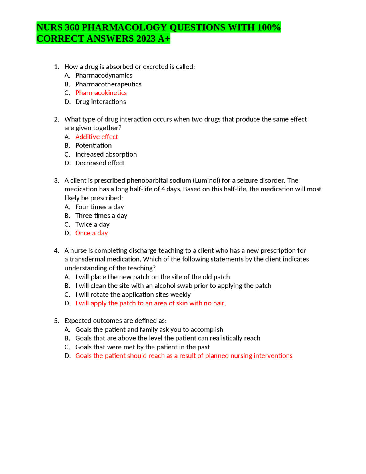 NURS 360 PHARMACOLOGY QUESTIONS WITH 100% CORRECT ANSWERS 2023 A+ ...