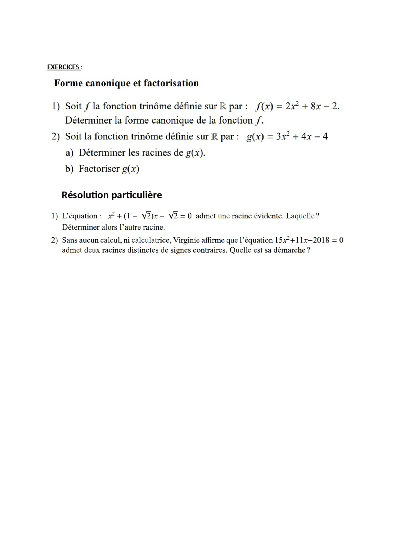 Des Exercices Sur Les Suites Et Limites Exercises Mathematics Docsity