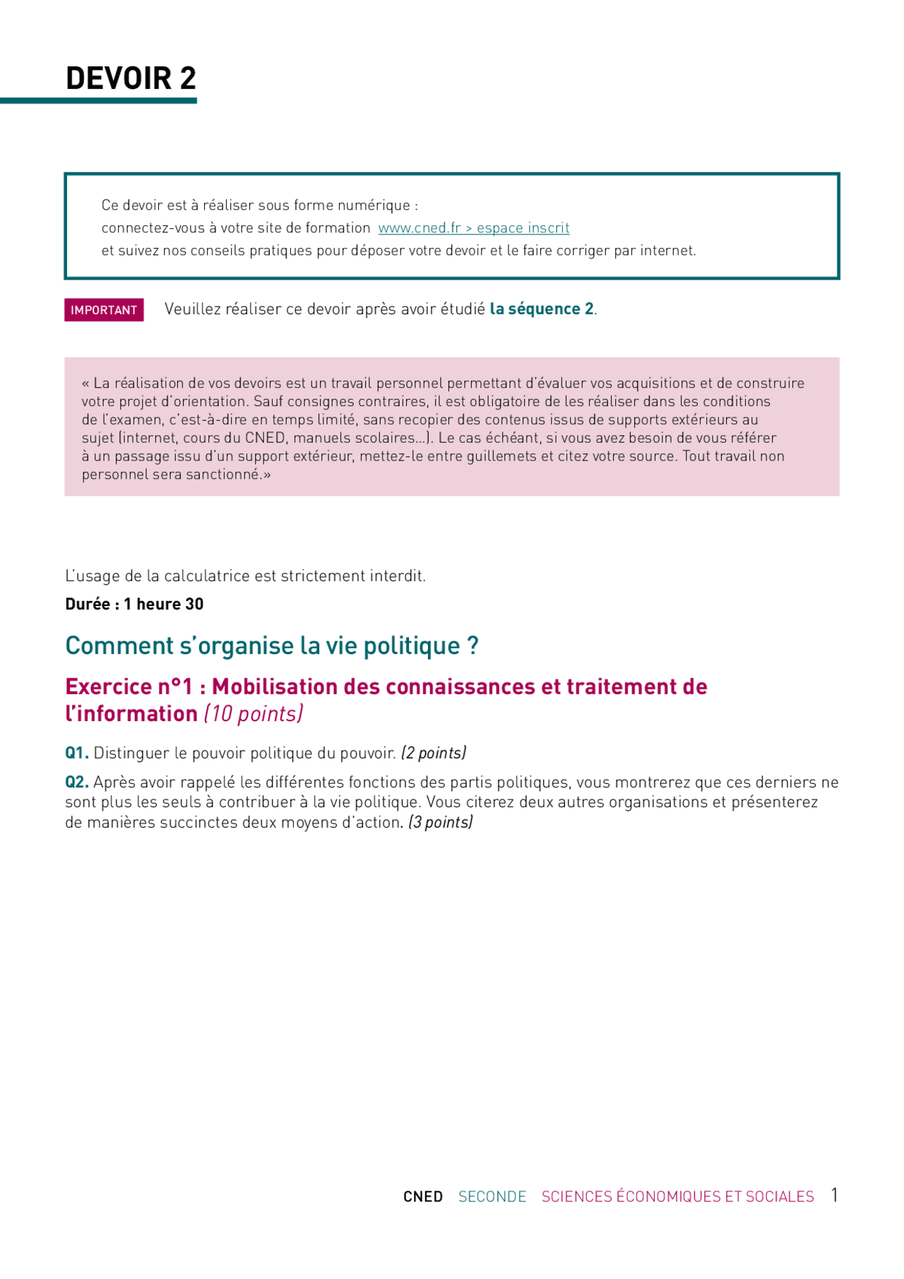 devoir 2 SES SEQUENCE 2 | Examens Sciences économiques et sociales (SES) | Docsity