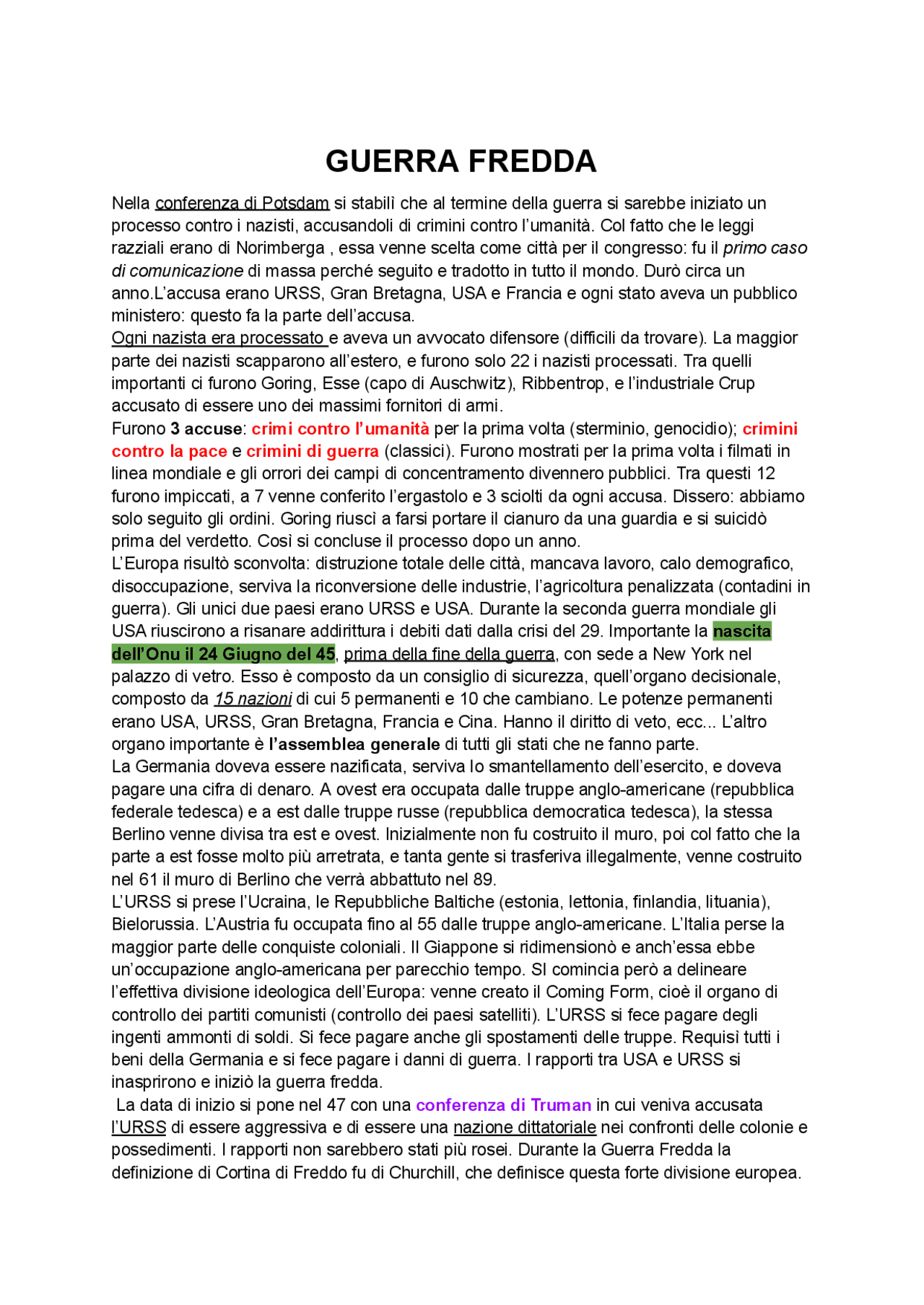 Riassunto Guerra Fredda Schemi E Mappe Concettuali Di Storia Docsity