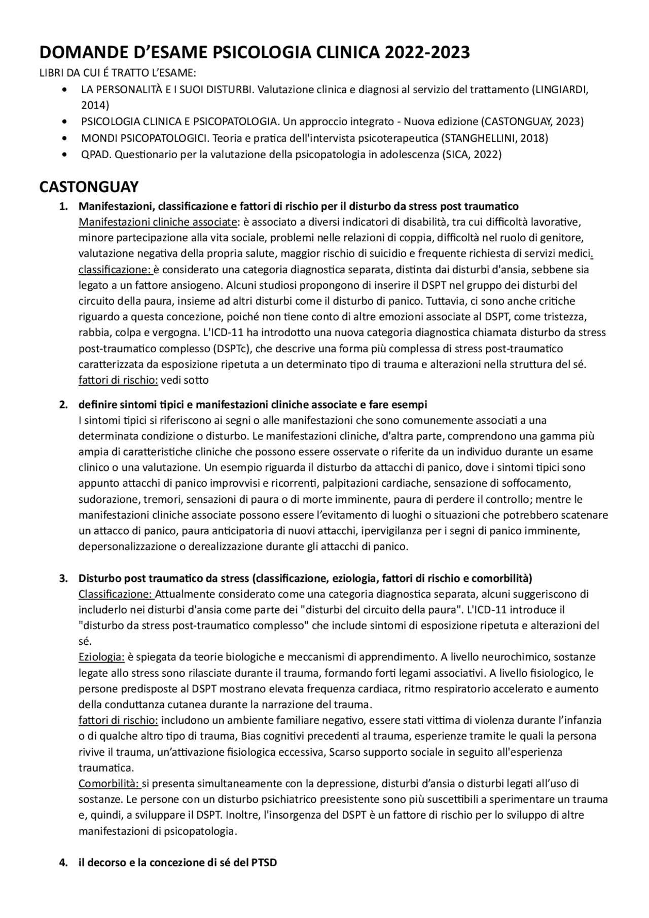 DOMANDE D'ESAME di psicologia clinica PROF SICA 2022-2023-2024 | Prove d'esame di Psicologia ...