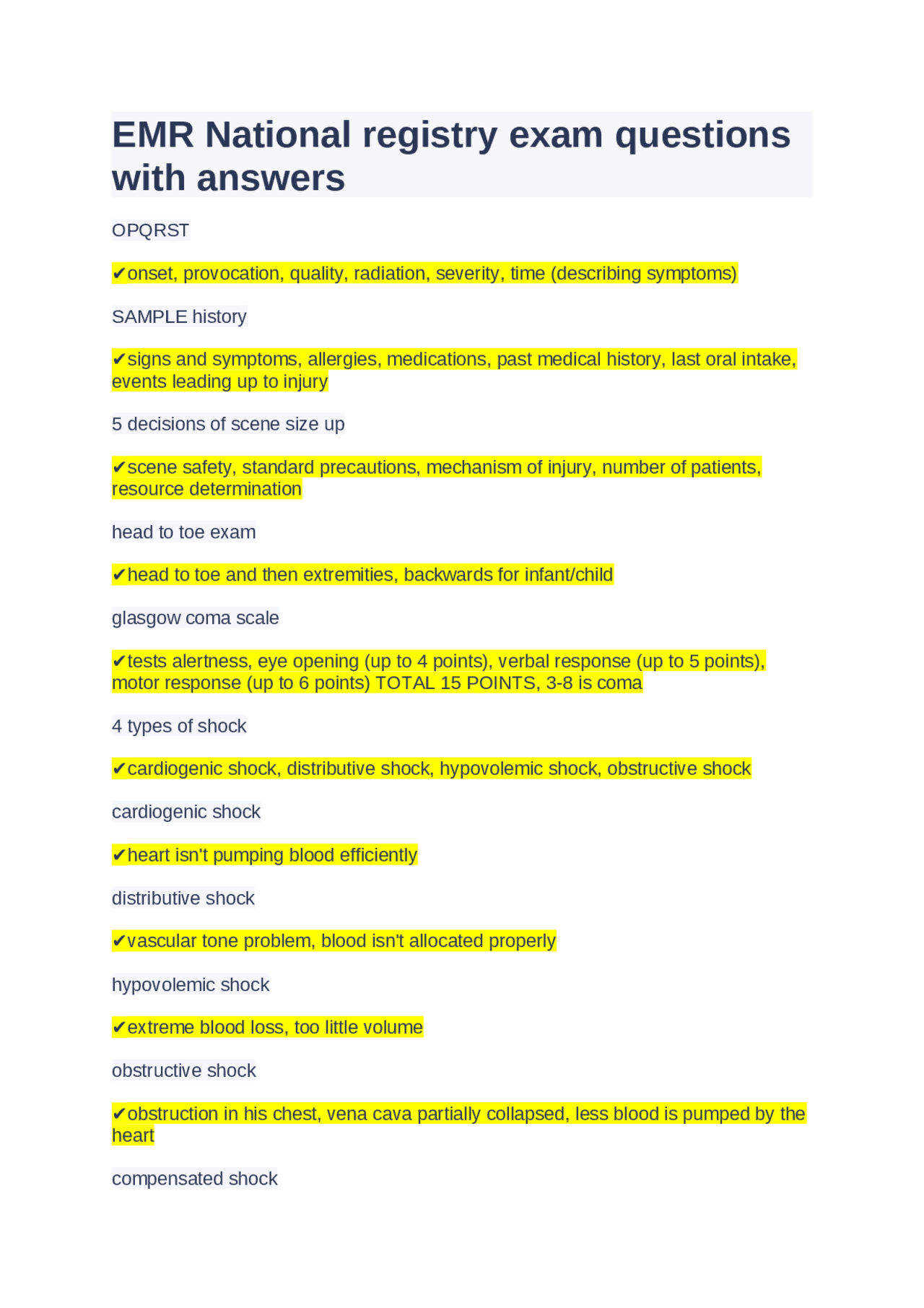 EMR National Registry Exam Questions and Answers | Exams Nursing | Docsity