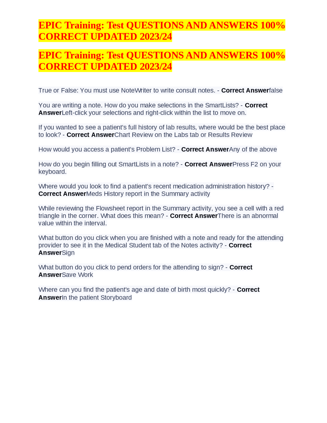 EPIC Training: Test QUESTIONS AND ANSWERS 100% CORRECT UPDATED 2023/24 ...