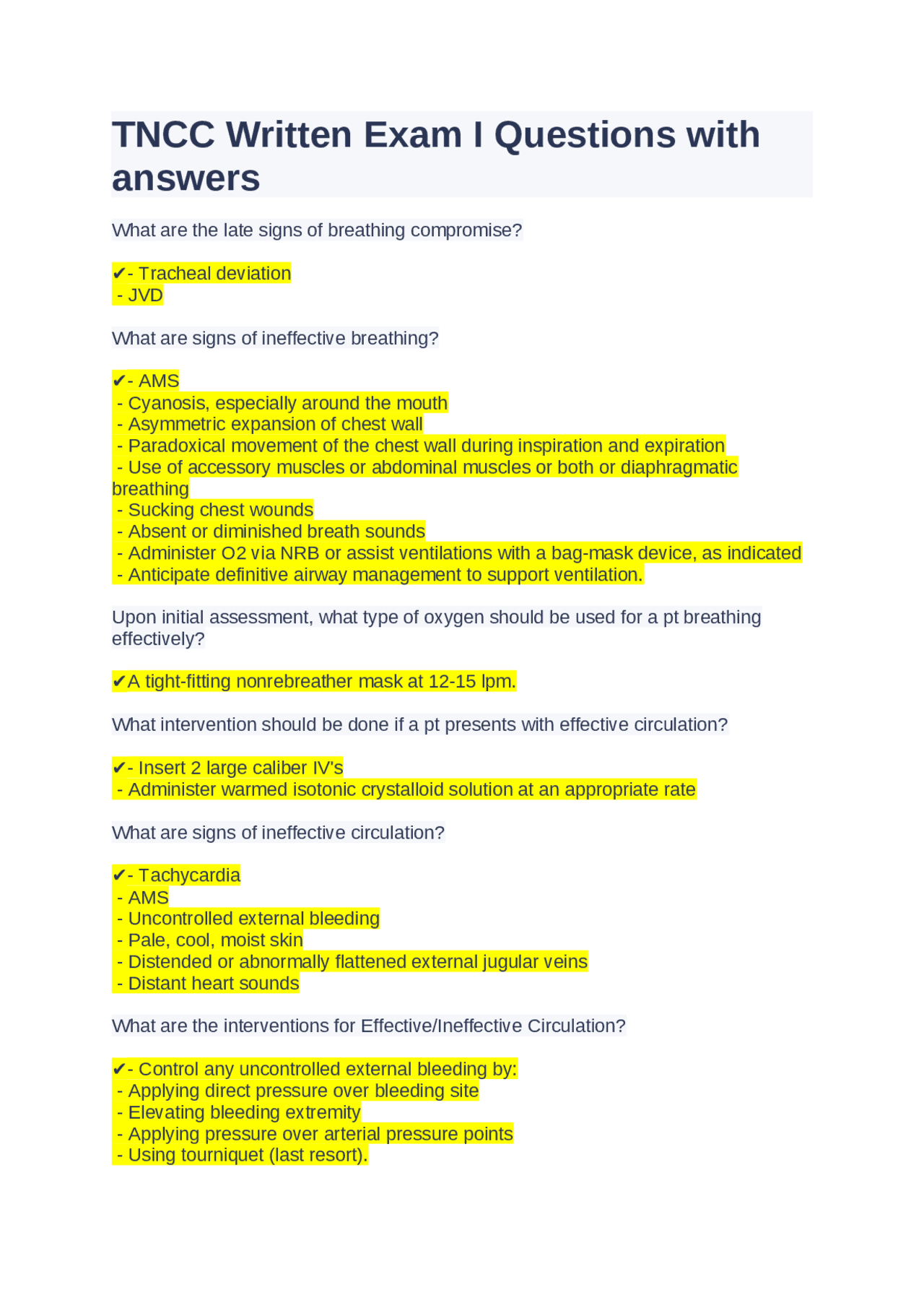 TNCC Written Exam I Questions with answers | Exams Nursing | Docsity