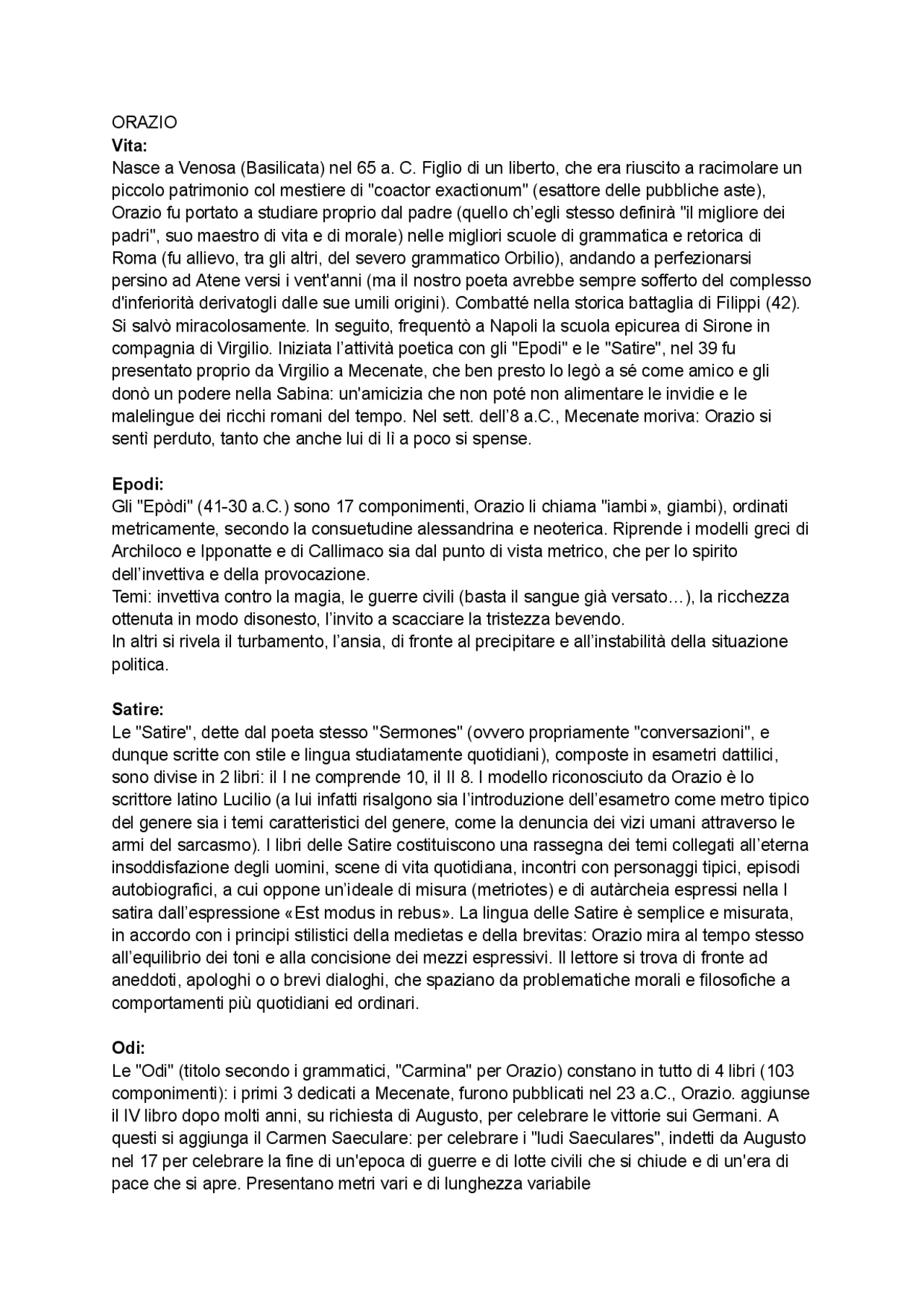 Orazio Vita E Opere Appunti Di Latino Docsity