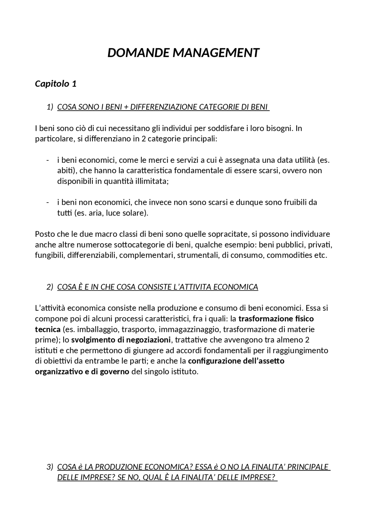Domande Management Primo Parziale 2022-2023 | Appunti di Economia Aziendale | Docsity