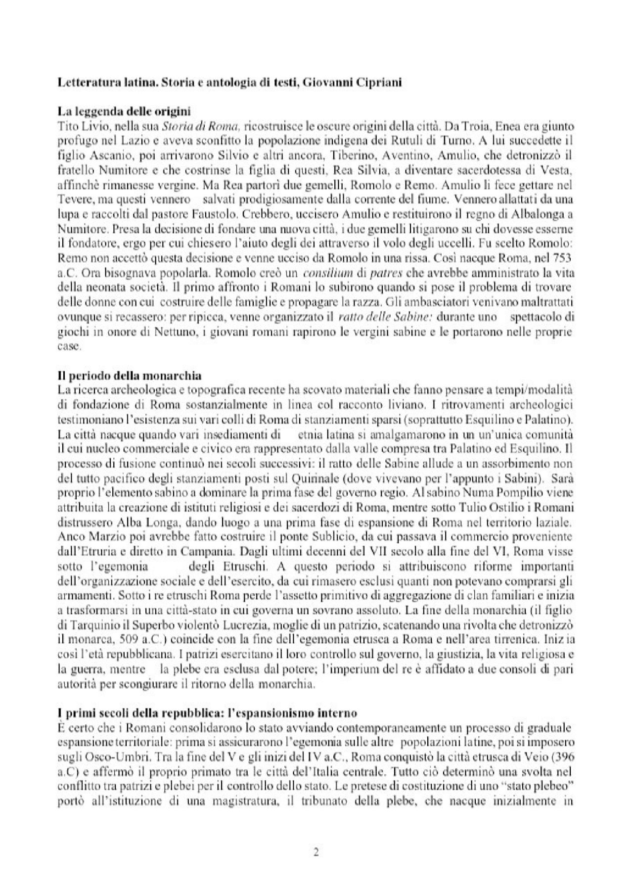 Cipriani storia della letteratura latina | Appunti di Letteratura latina | Docsity