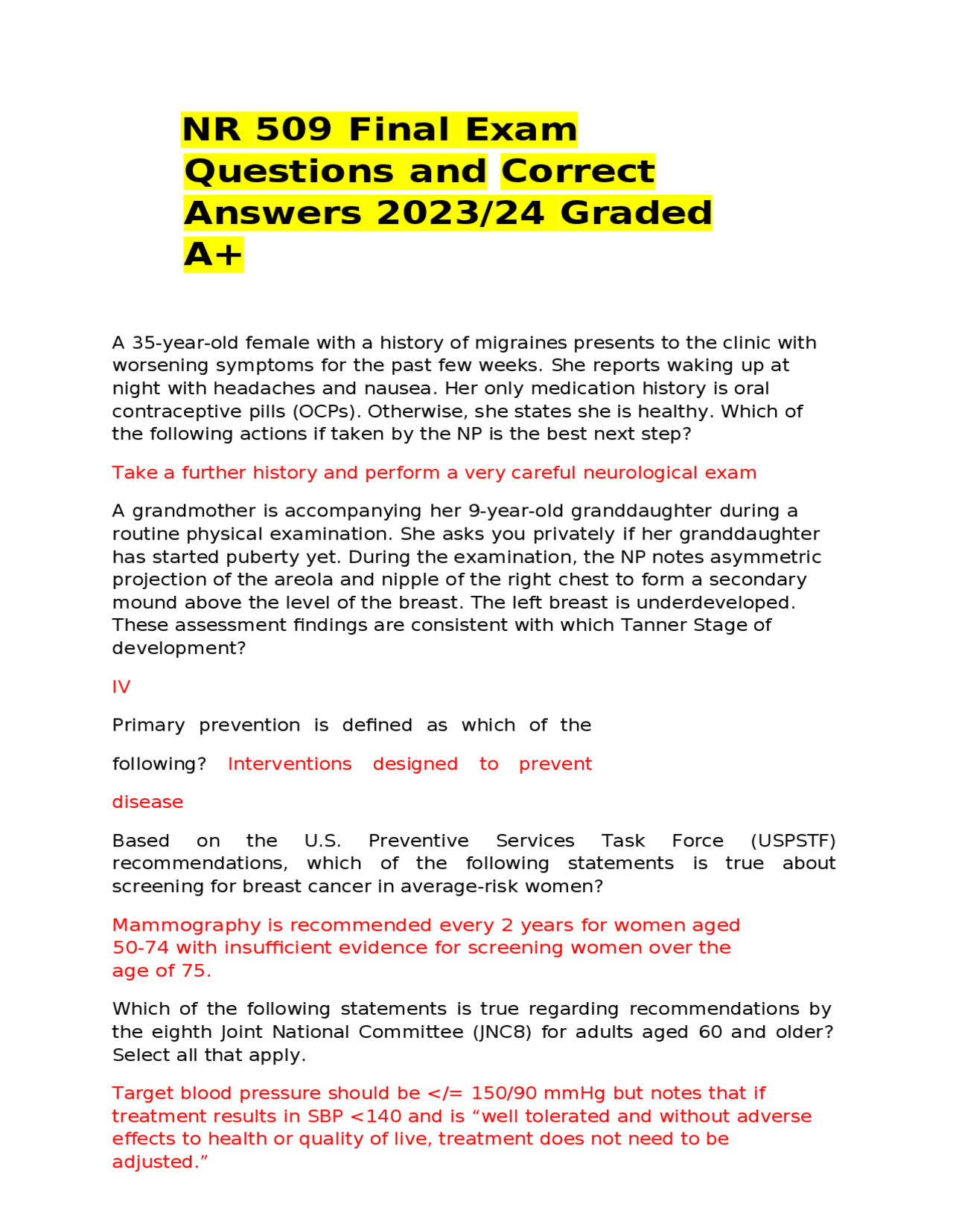 Nr 509 Final Exam Questions And Correct Answers 202324 Graded A