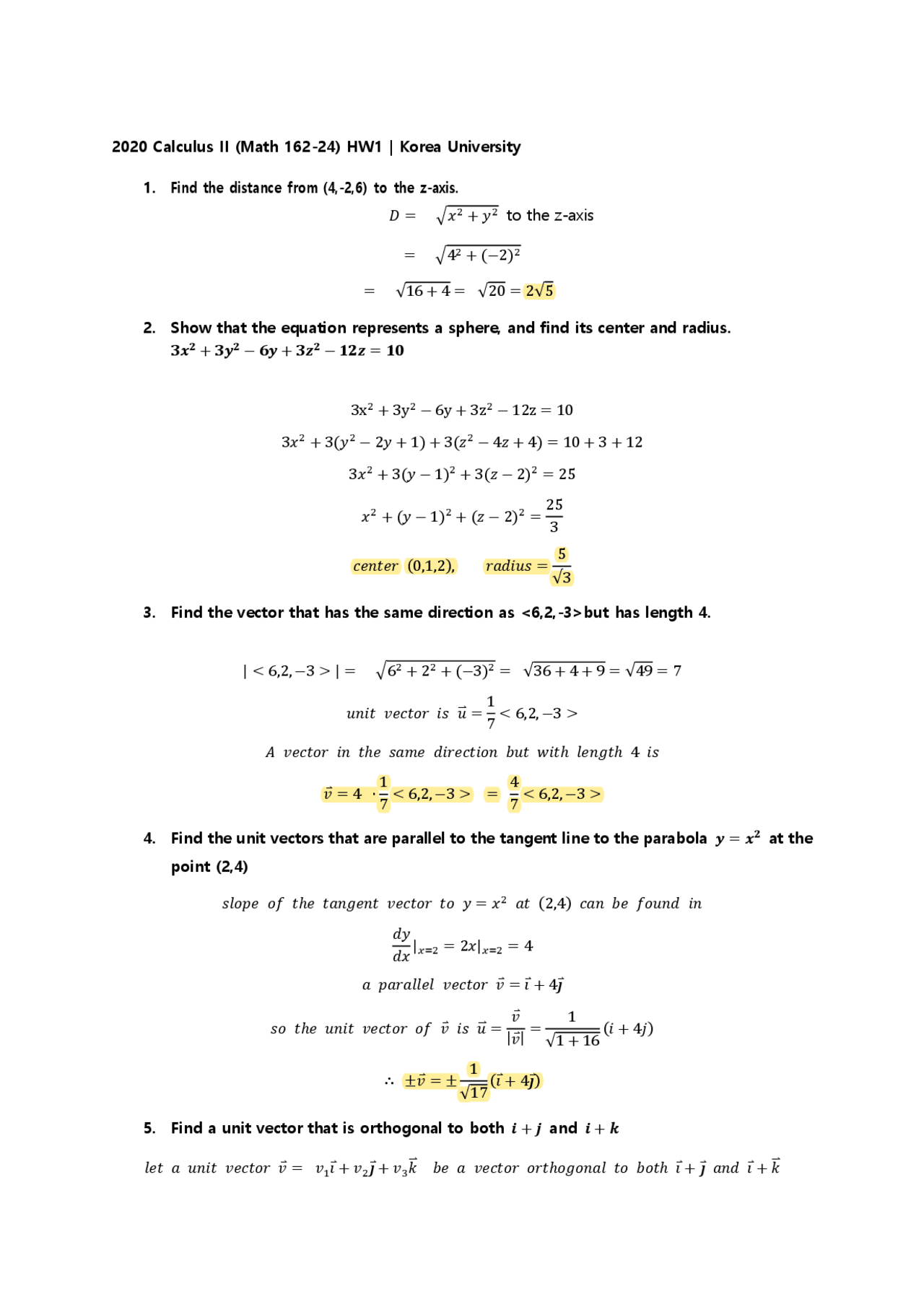 Calculus Ii Math162 24 Hw1 Assignments Calculus Docsity
